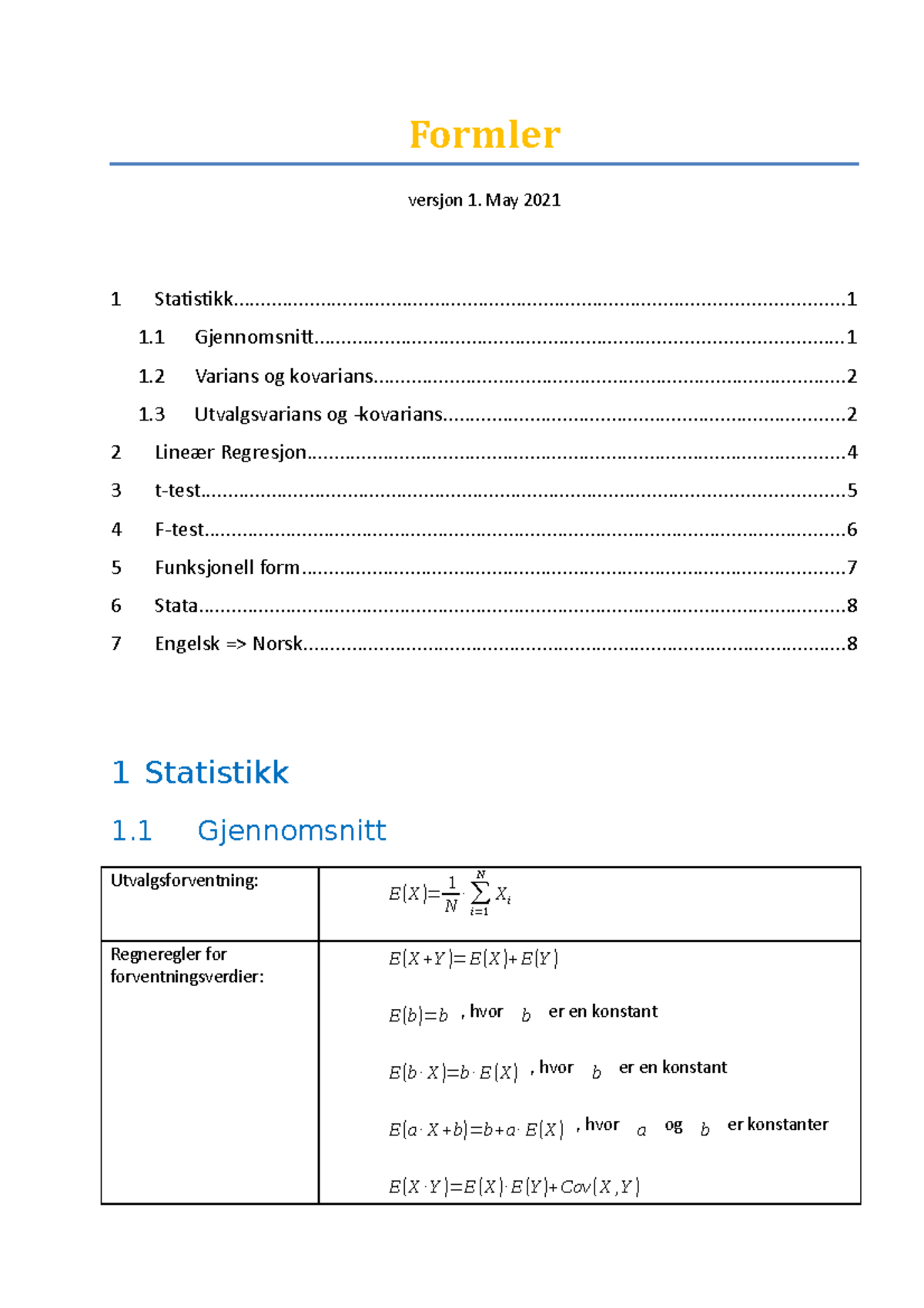 Formler, statistikk og økonometri - Formler versjon 1. May 2019 1 - Studocu