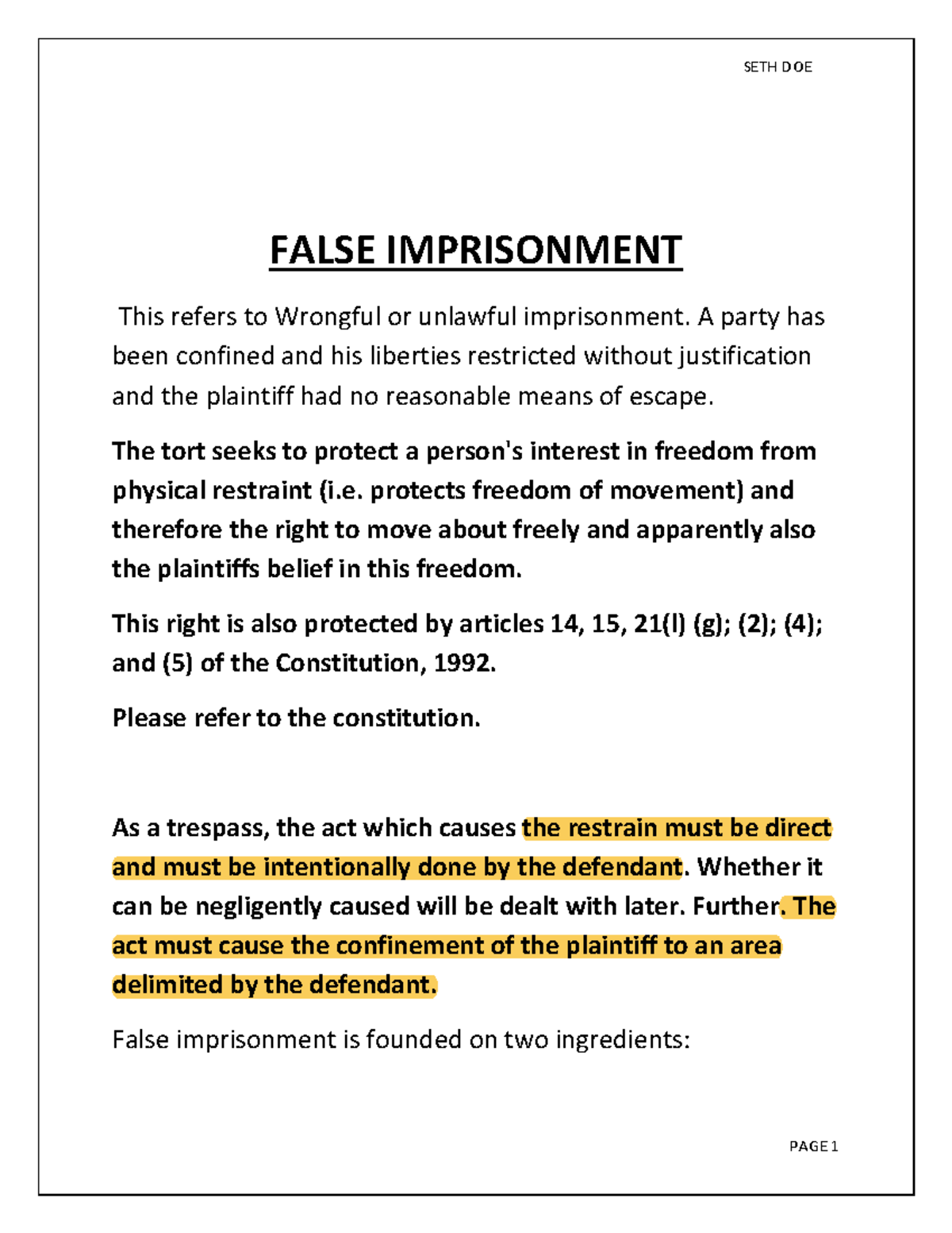 False Imprisonment - Criminal LAW - SETH DOE PAGE 1 FALSE IMPRISONMENT ...