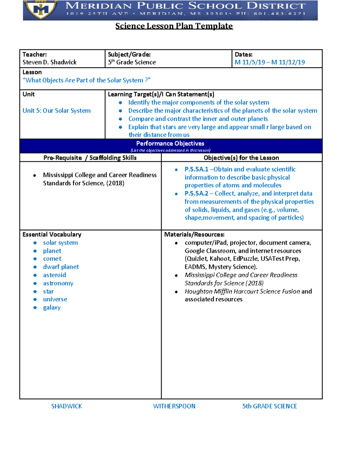 Sample Science Lesson Plan Mccrss - Teacher: Steven D. Shadwick Subject ...