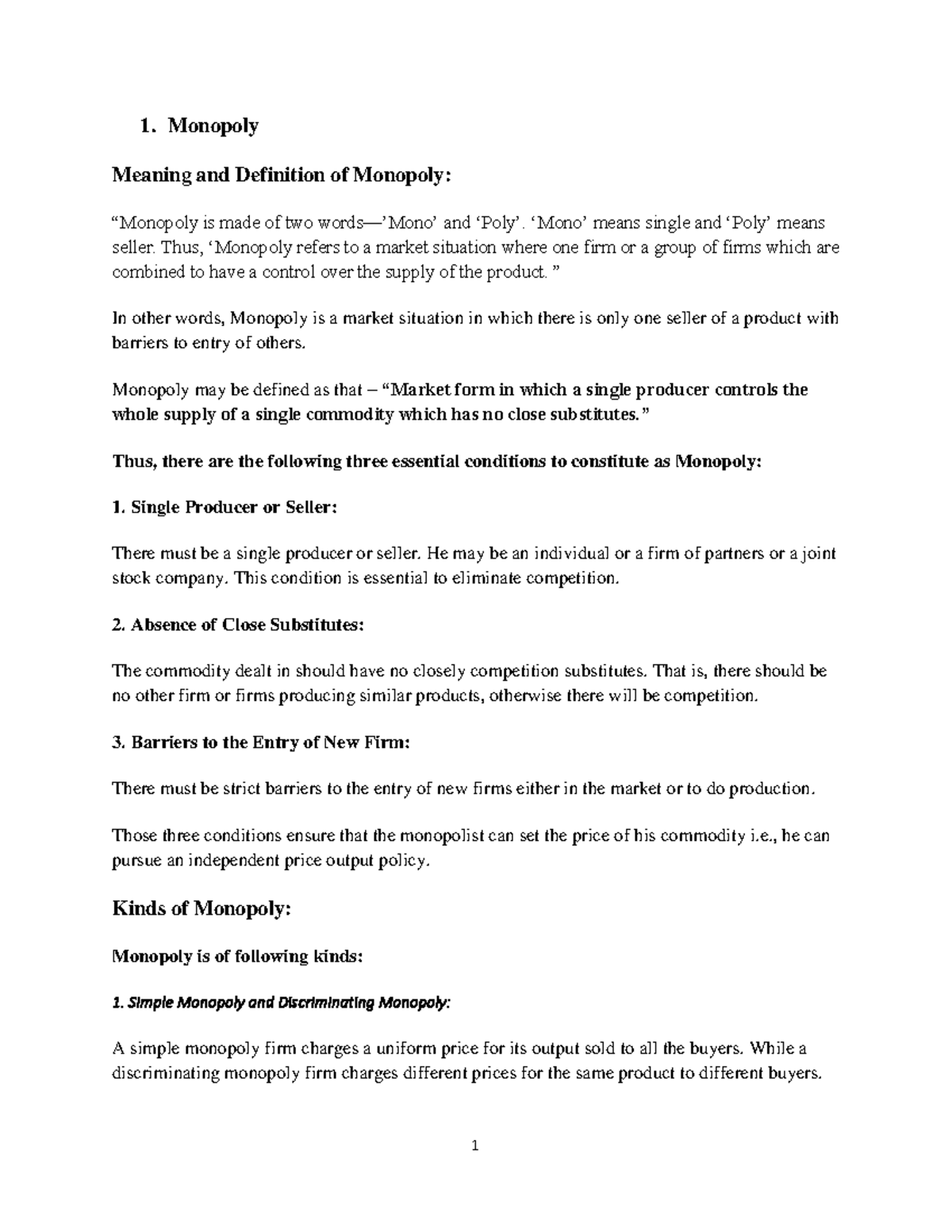Monopoly - Lecture notes 1 - 1. Monopoly Meaning and Definition of ...