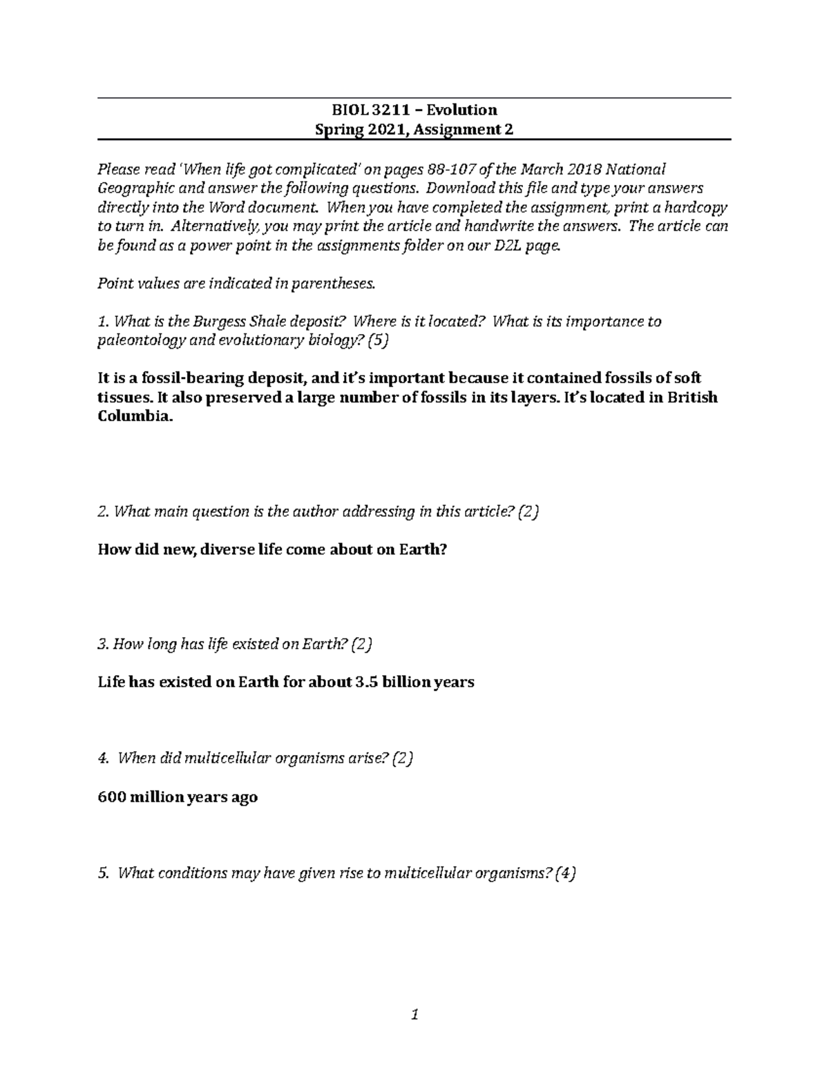 Biol 3211 Assignment 2 Biol 3211 Evolution Spring 2021 Assignment 2 Please Read ‘when Life