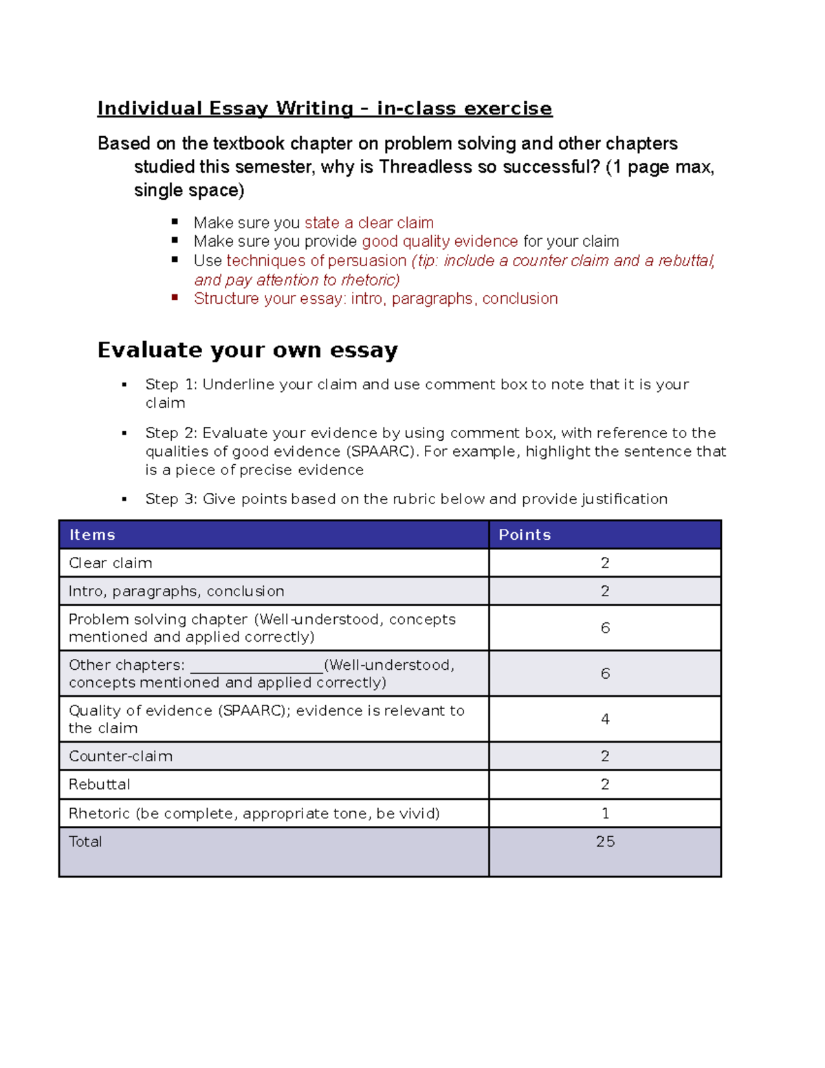 Individual Essay Writing – in-class exercise - Individual Essay Writing ...