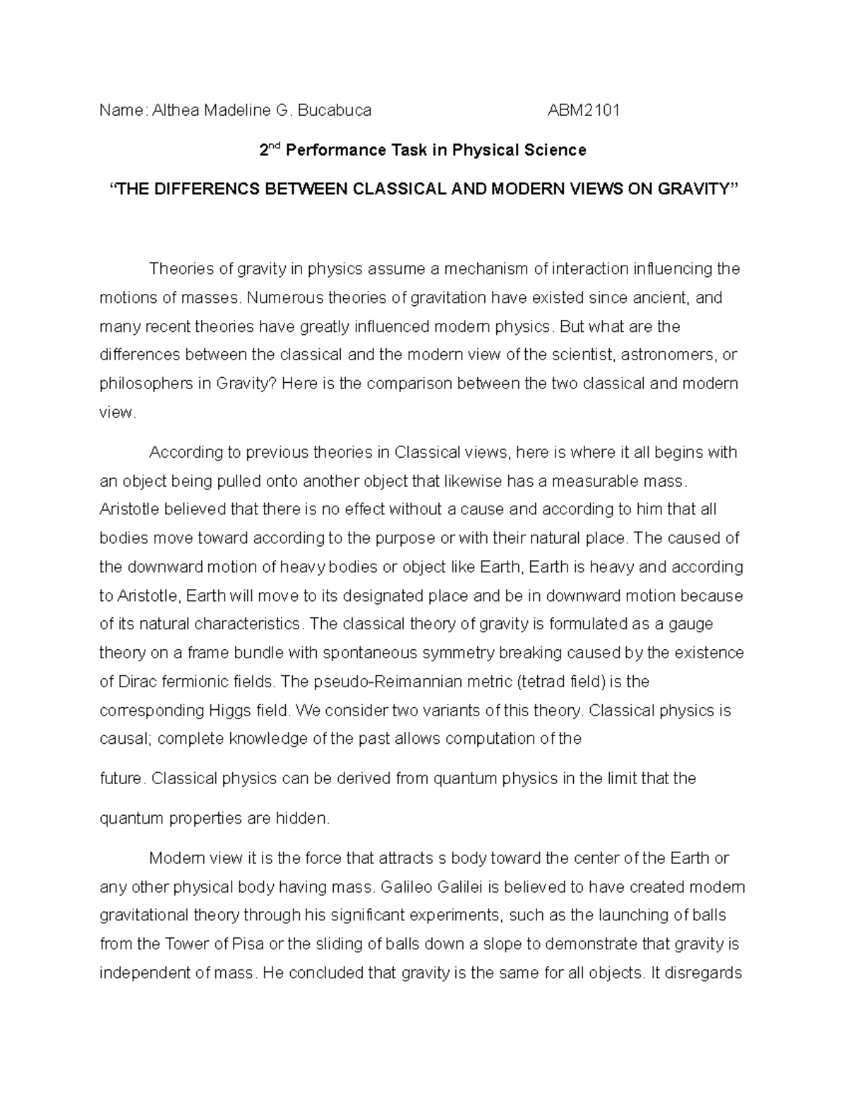 2nd performance task in physics - Name: Althea Madeline G. Bucabuca ABM ...