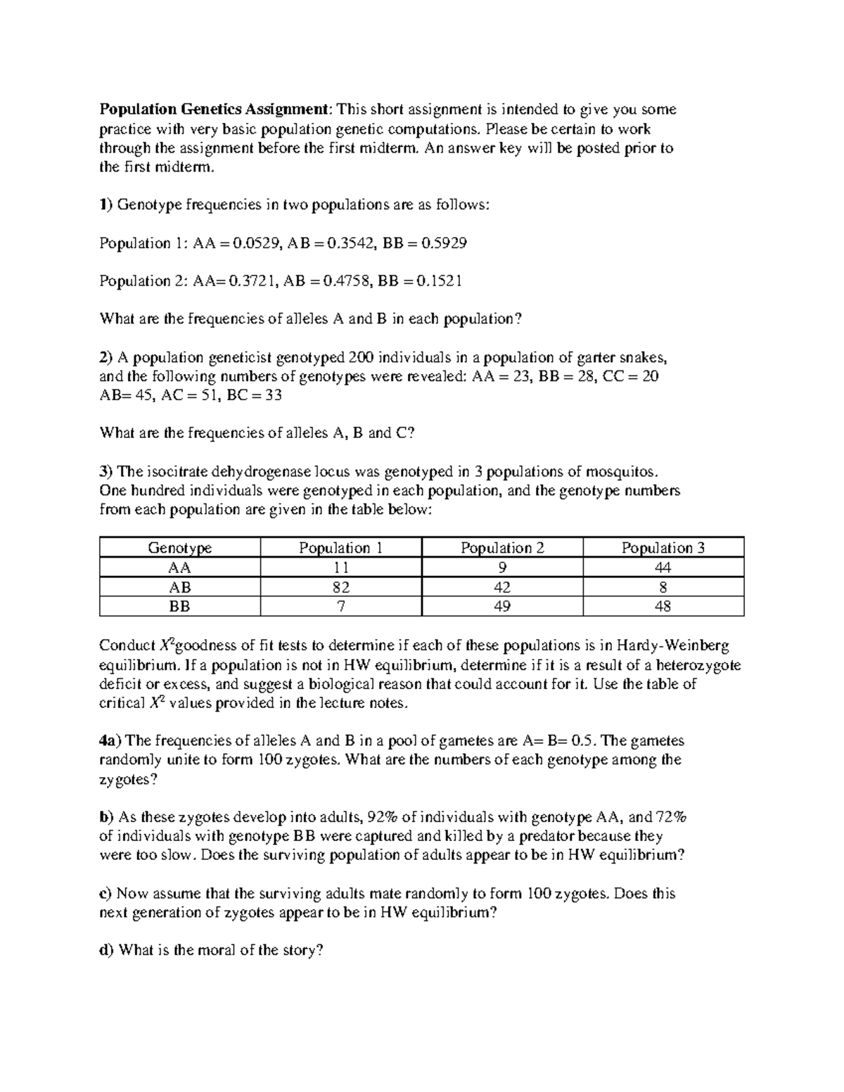 Population Genetics Assignment - Please be certain to work through the ...