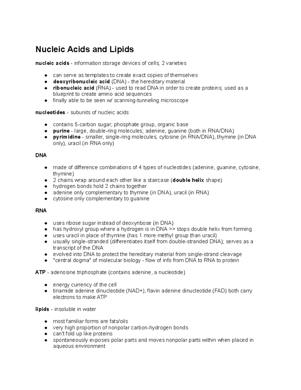 Biology notes 03 - Nucleic Acids and Lipids nucleic acids - information ...
