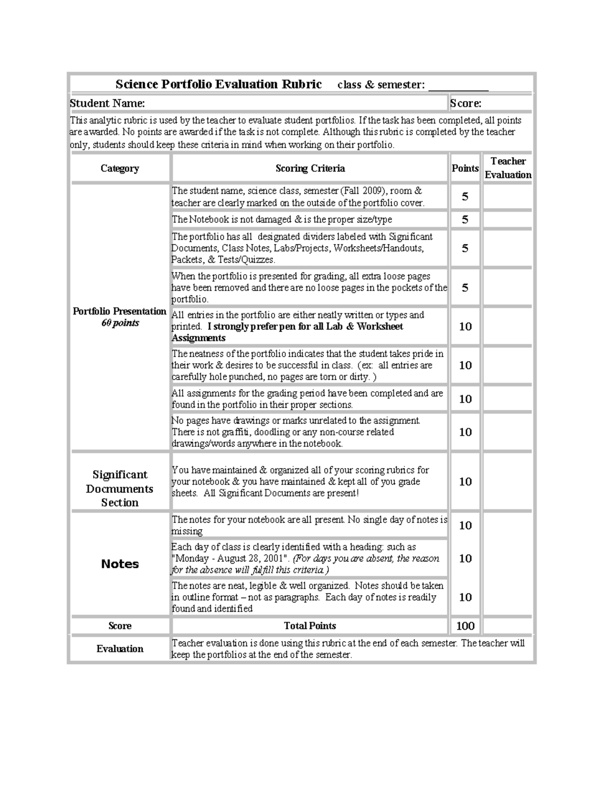 Science Portfolio Evaluation Rubric 05-06 - Science Portfolio ...