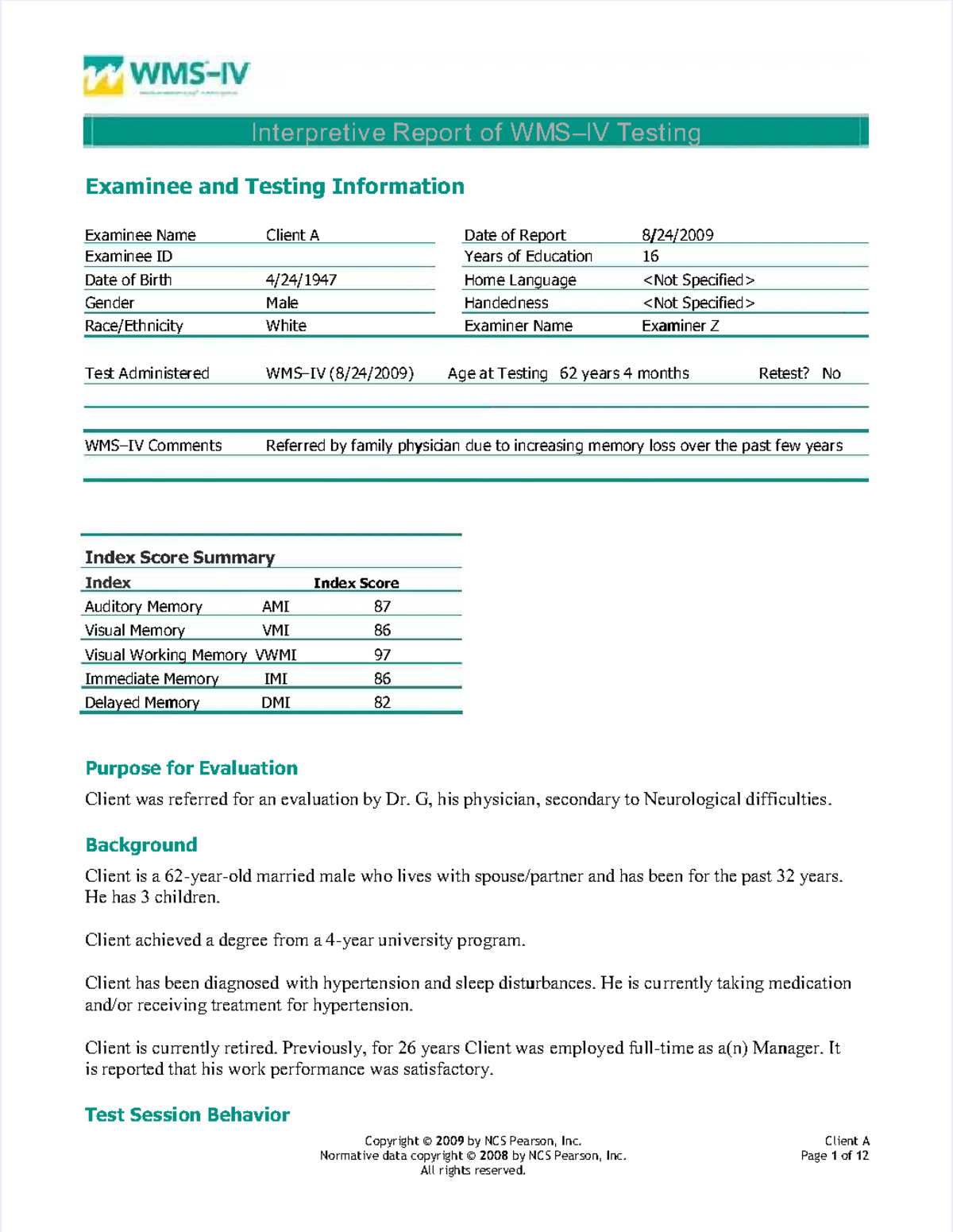 Wms-iv sample report - Copyright ©Copyright © 20092009 by NCS Pearson ...