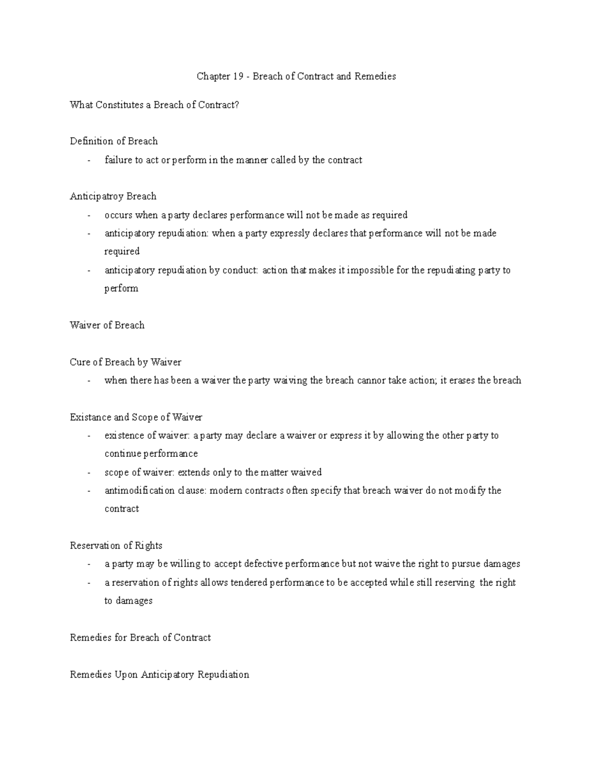 (Chap 19) Breach of Contract and Remedies - Chapter 19 - Breach of ...
