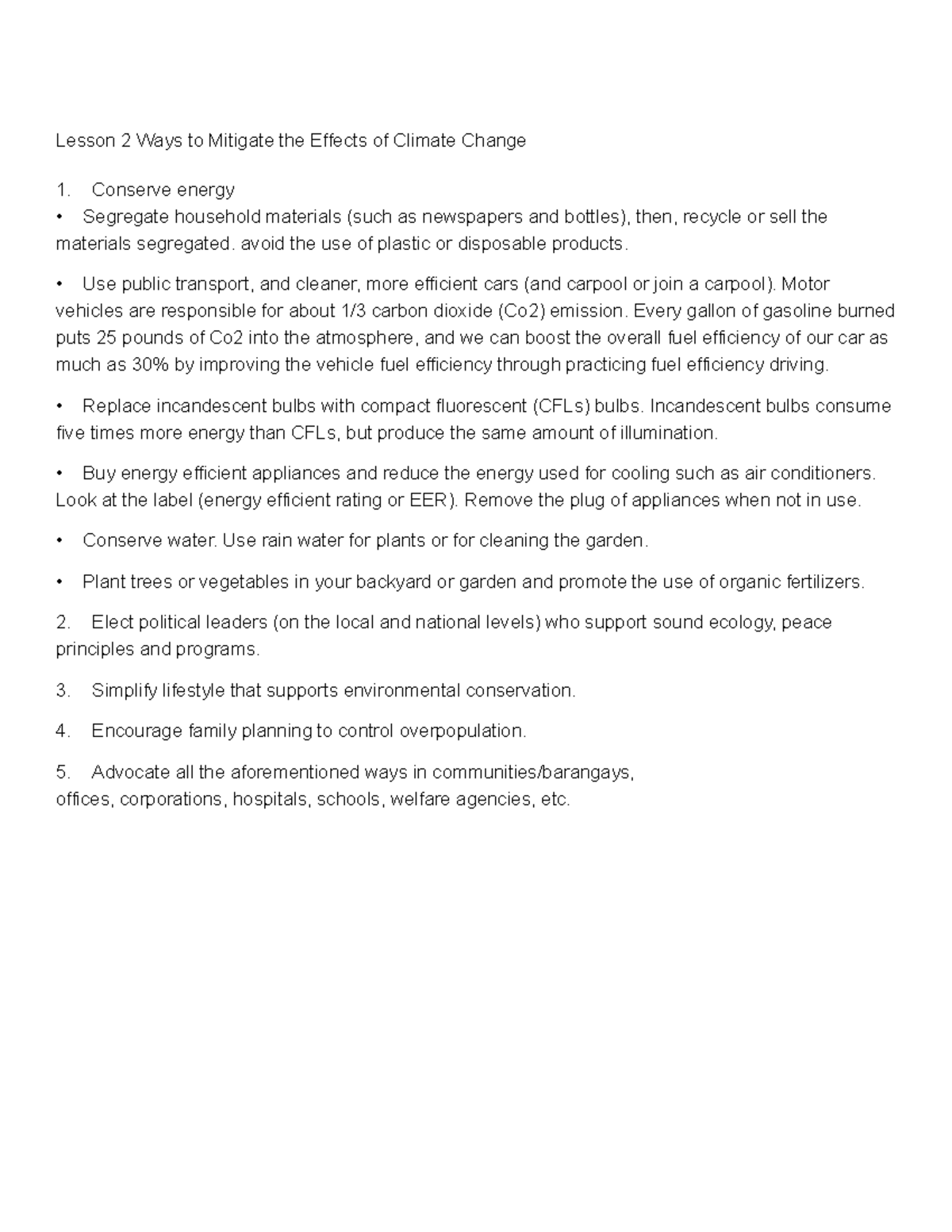Lesson 2 Ways to Mitigate the Effects of Climate Change - avoid the use ...