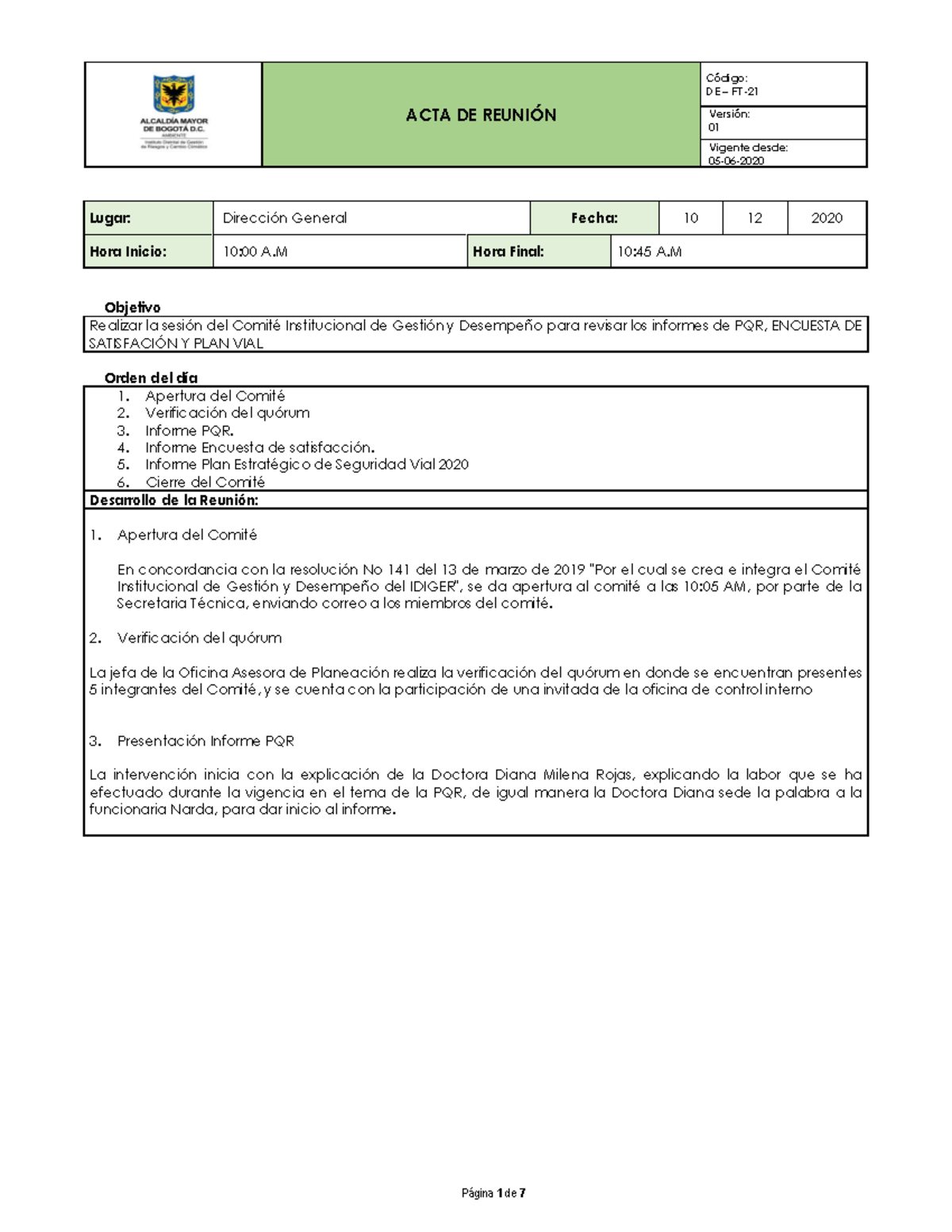 Acta de Reunión Comité Gestión de Desempeño 10 de Diciembre 2020 - ACTA ...