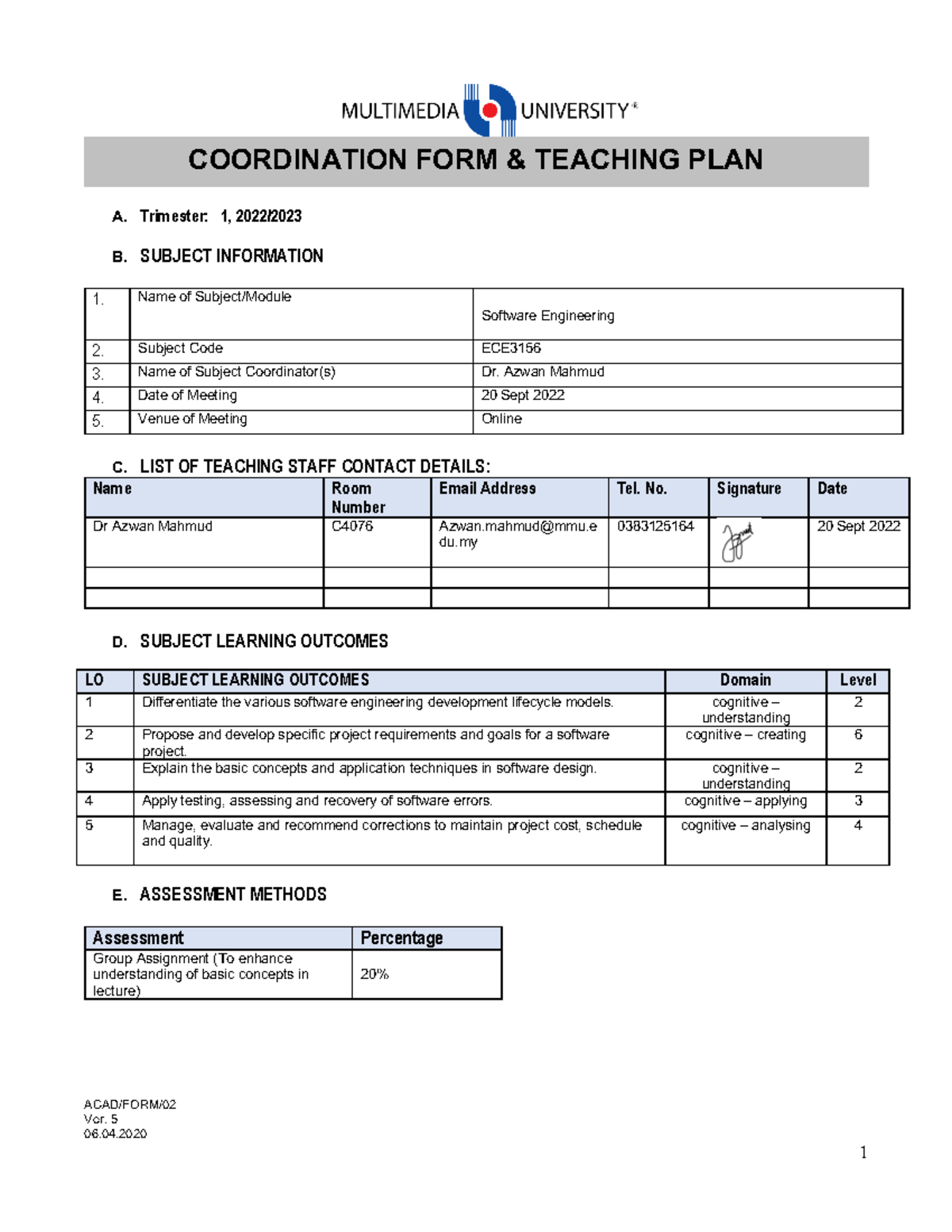 FORM 02 Ver5 0 06 04 2020 Teaching Plan ECE3156 2022 23 v2 - ACAD/FORM ...