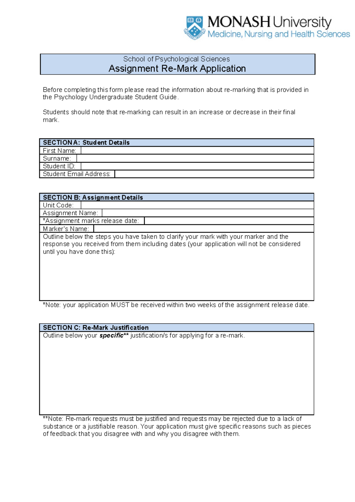 Remark Form 2021 for reference - School of Psychological Sciences ...