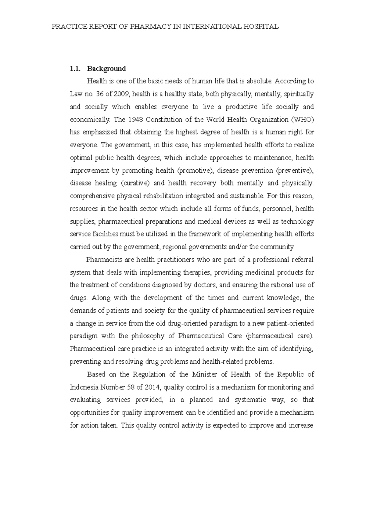 Practice Report OF Pharmacy IN International Hospital - PRACTICE REPORT ...