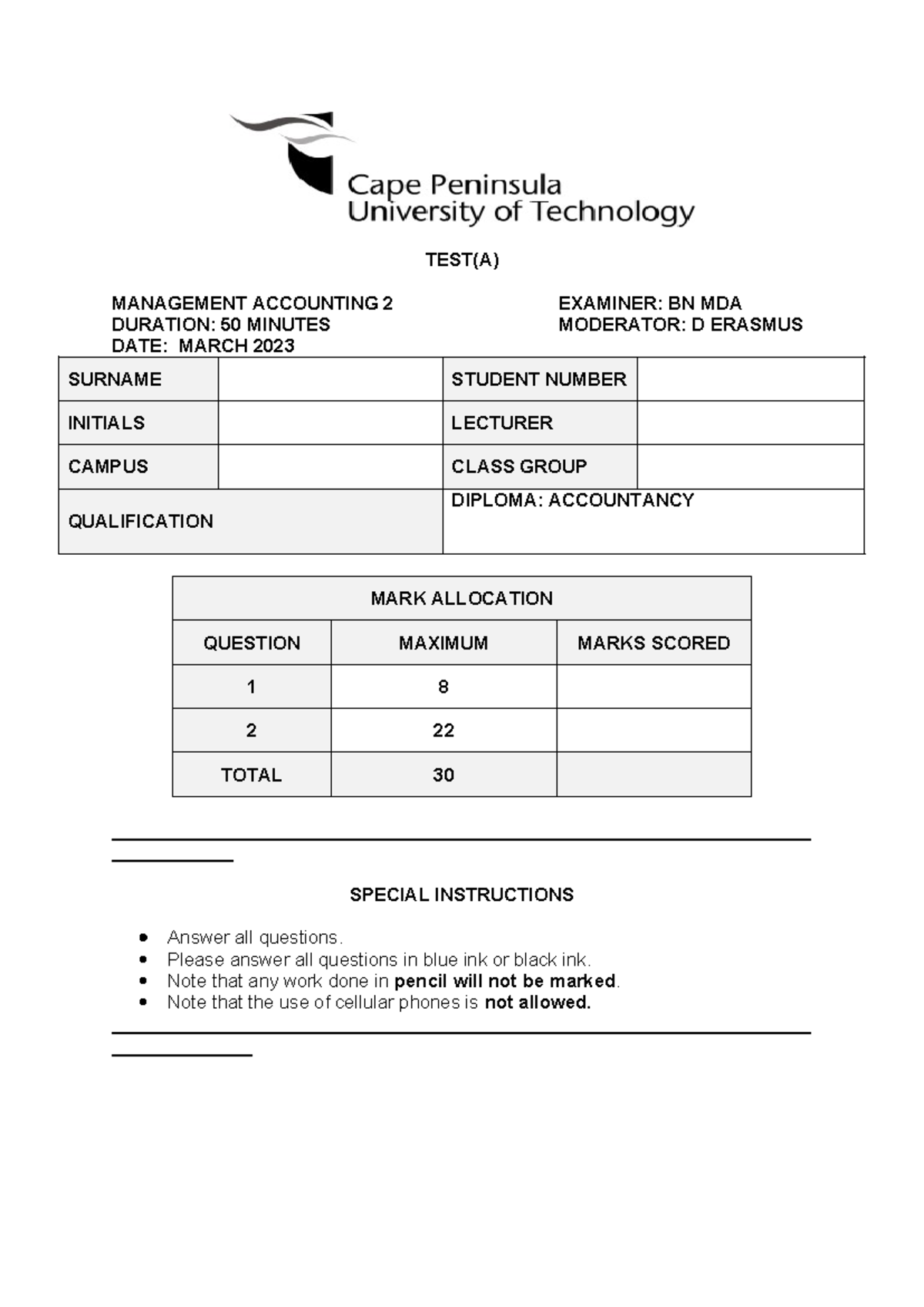 2023 MAA260S Class TEST 1 (TEST A) - TEST(A) MANAGEMENT ACCOUNTING 2 ...