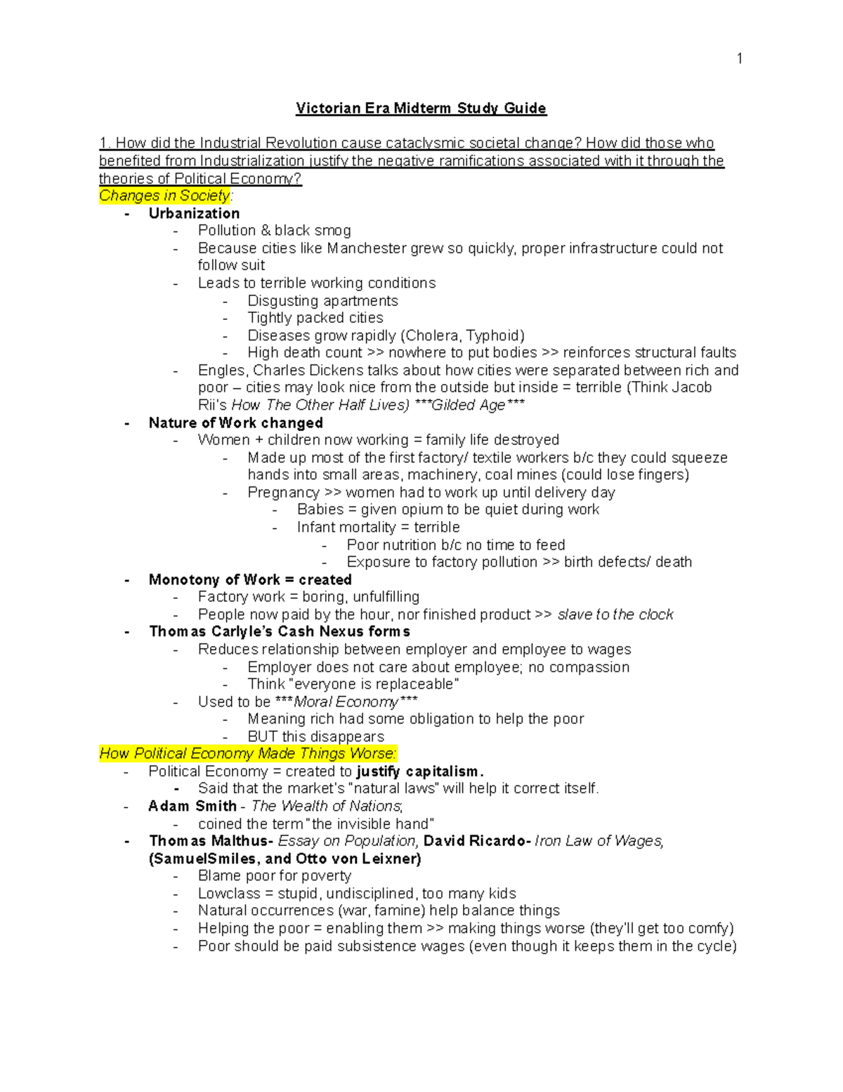 Victorian Era Midterm Study Guide - Said that the market’s “natural ...