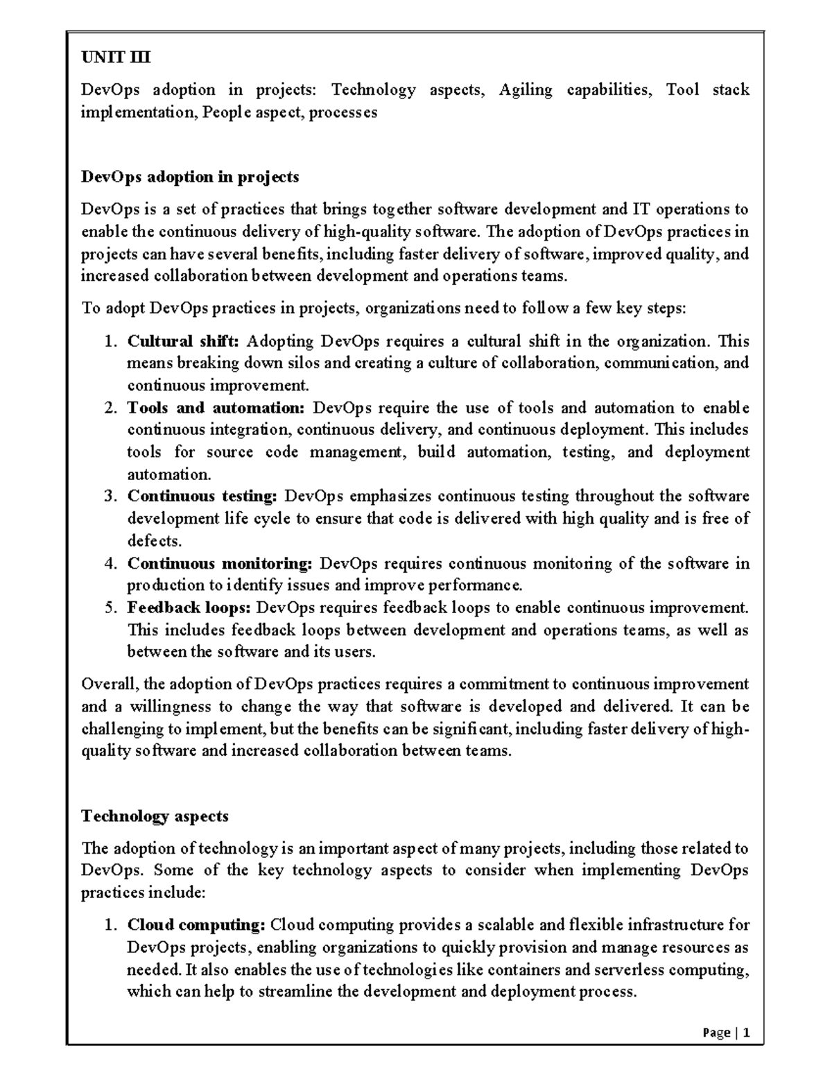 R19 Devops Unit-3 - UNIT III DevOps adoption in projects: Technology aspects, Agiling ...