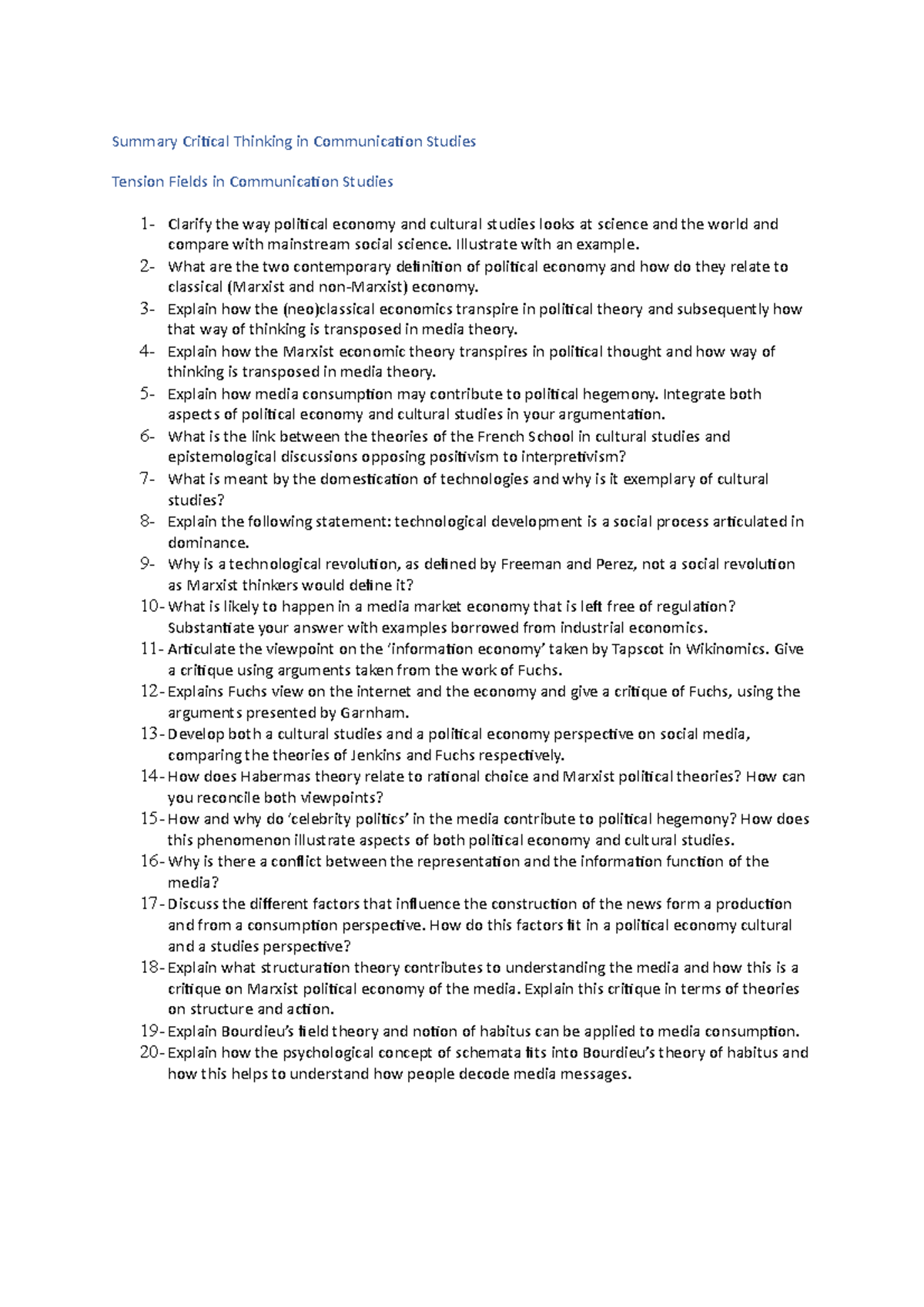 Final Summary Critical Thinking in Communication Studies - Summary ...