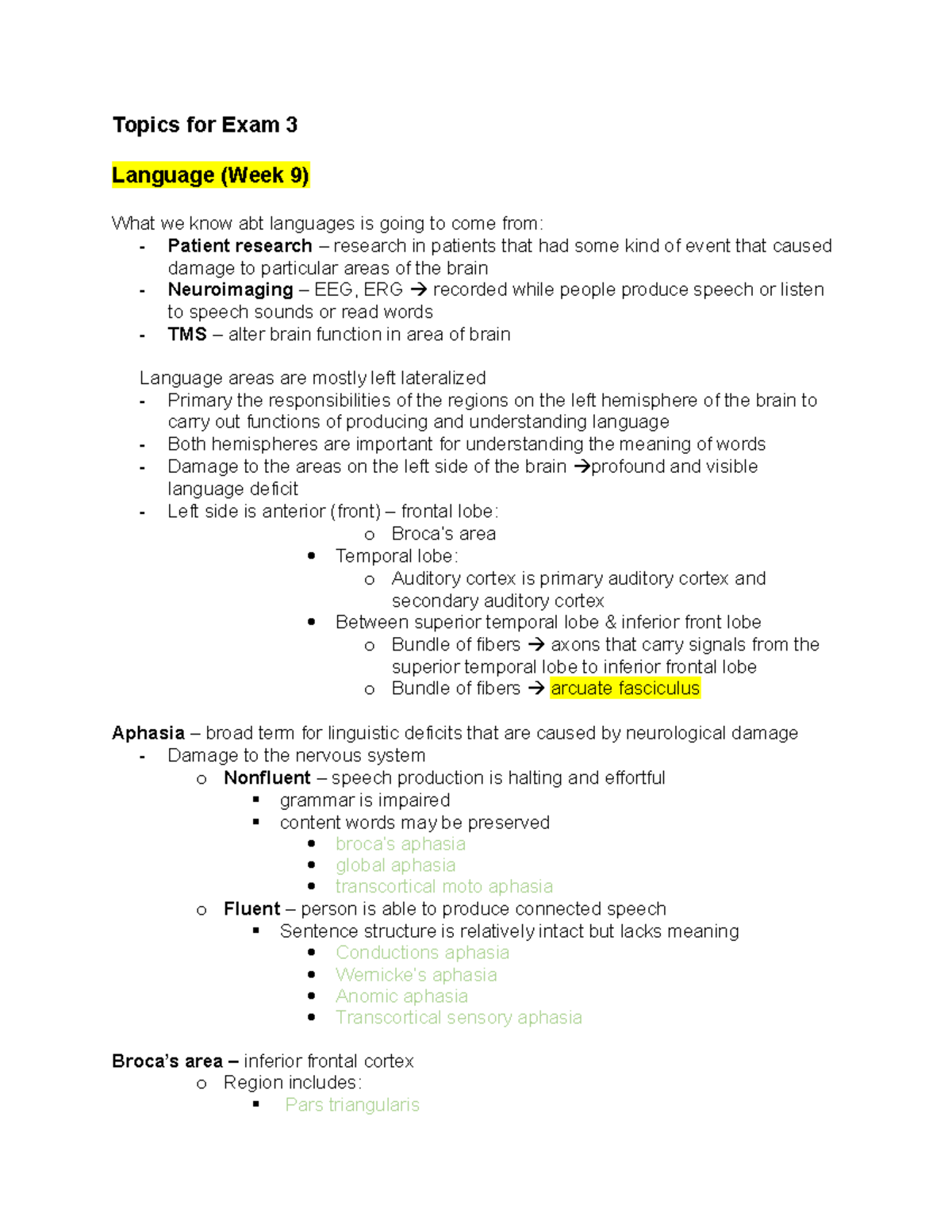 Exam 3 topics - Topics for Exam 3 Language (Week 9) What we know abt ...