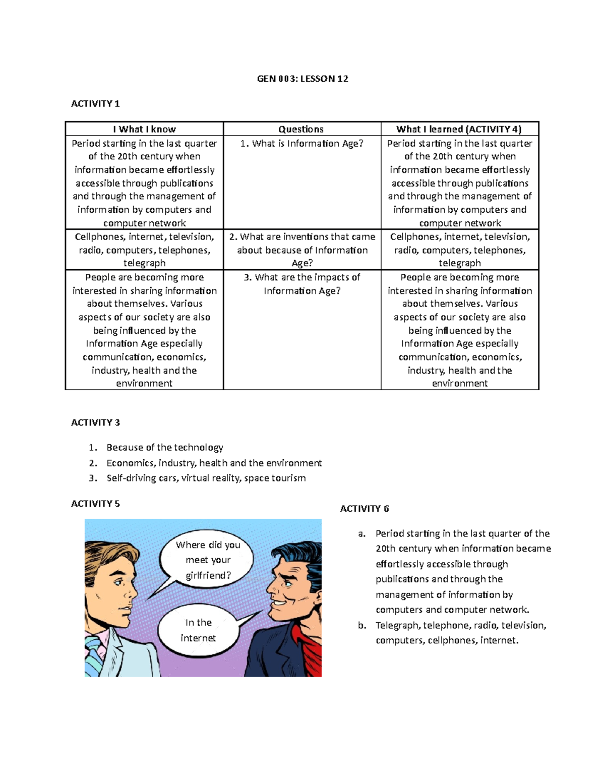 GEN 003 - Lesson 12 - GEN 003: LESSON 12 ACTIVITY 1 I What I know ...