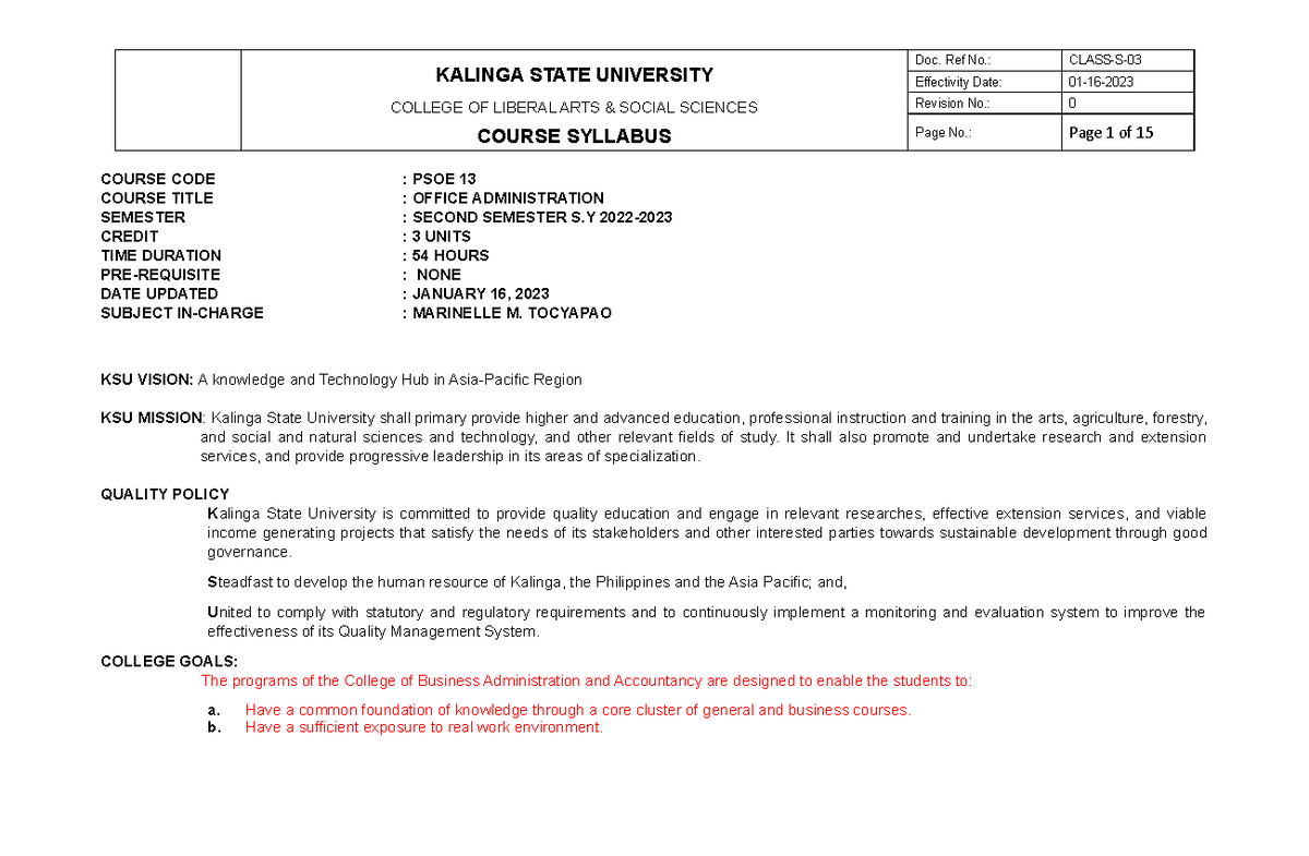 Office Administration Syllabus - KALINGA STATE UNIVERSITY COLLEGE OF ...