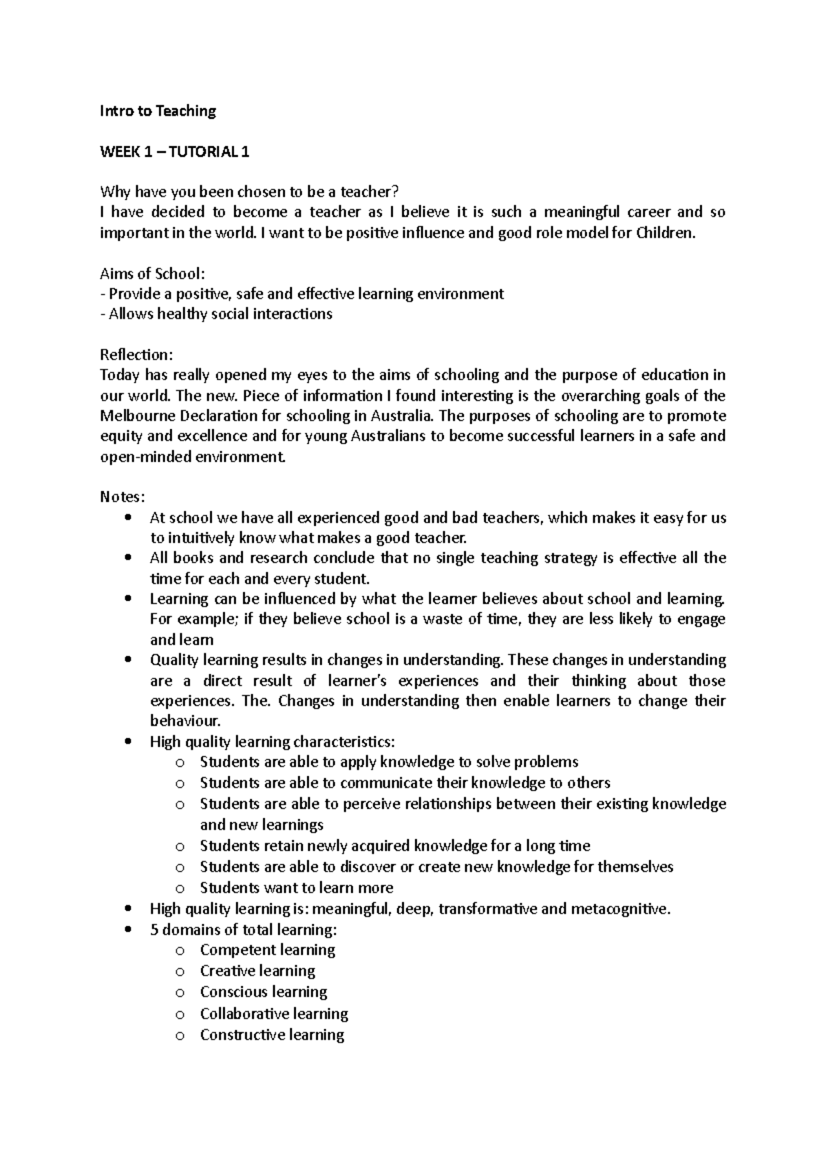 Intro to Teaching - Notes - Intro to Teaching WEEK 1 – TUTORIAL 1 Why ...