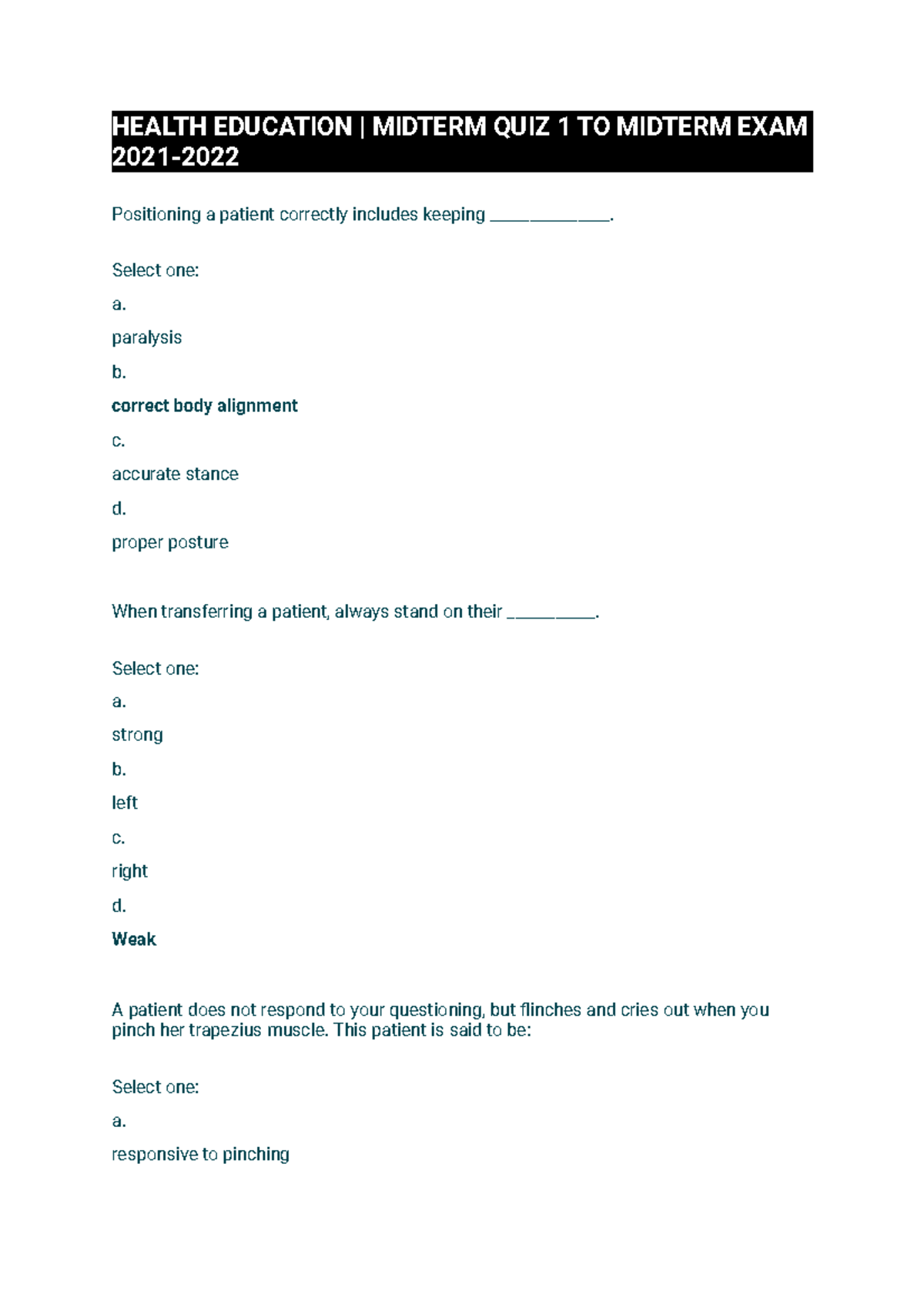 Health Education 2021-2022 - HEALTH EDUCATION | MIDTERM QUIZ 1 TO ...