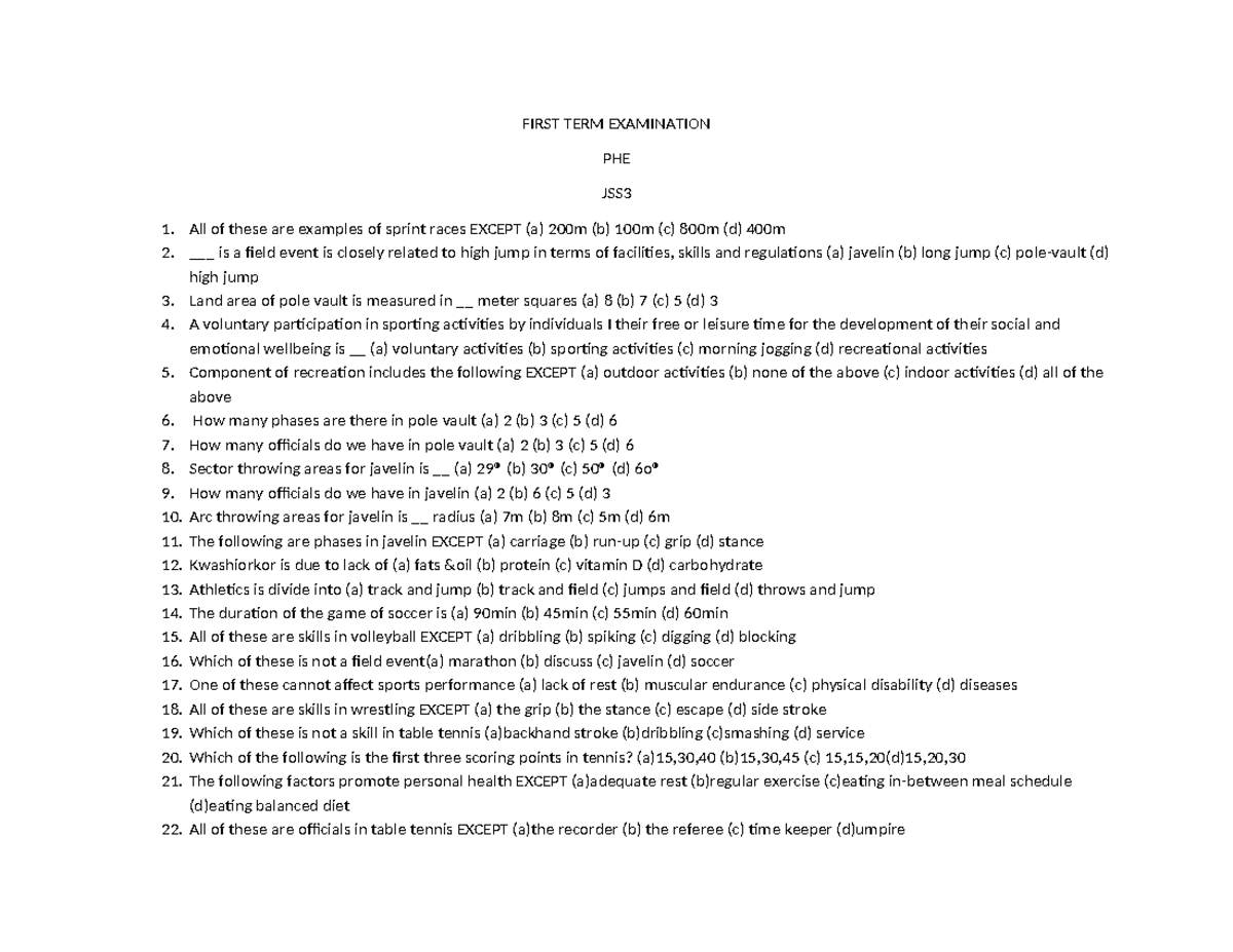 JSS-3-PHE AND Maths EXAM First TERM 2024 - FIRST TERM EXAMINATION PHE JSS All of these are ...