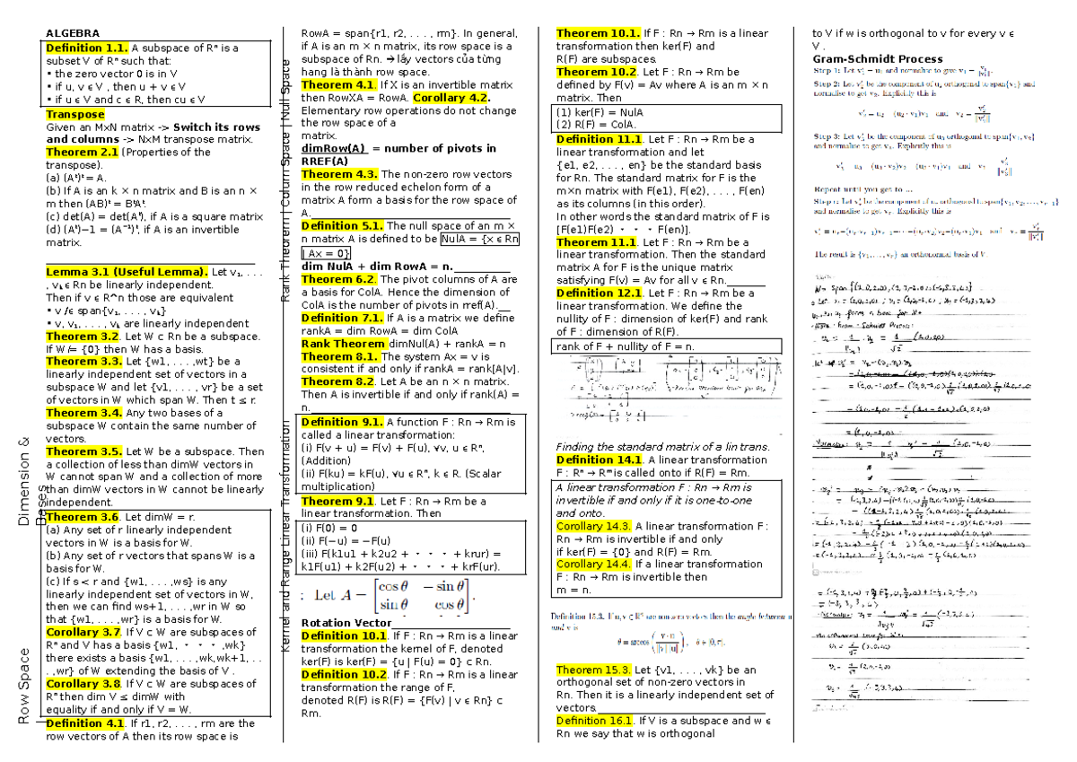 Midsemester Cheatsheet - ALGEBRA Definition 1. A subspace of Rⁿ is a ...