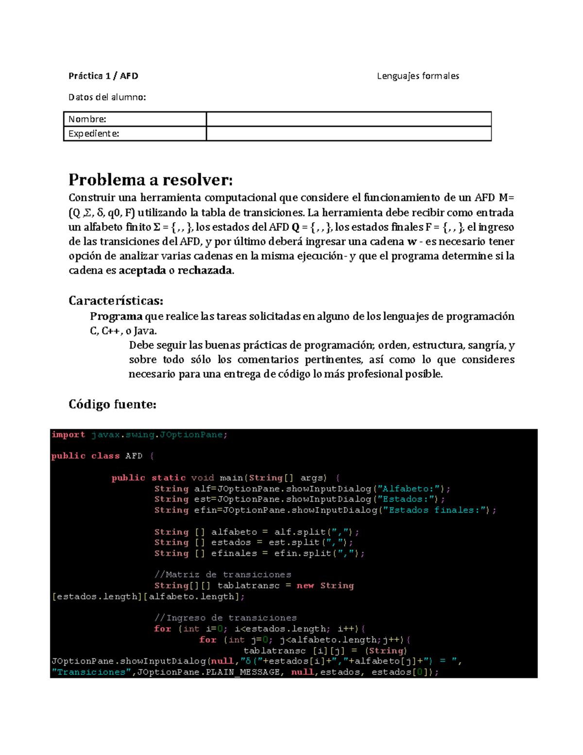 Practica 1 Lenguajes Formales - Warning: TT: undefined function: 32 Práctica 1 / AFD Lenguajes ...