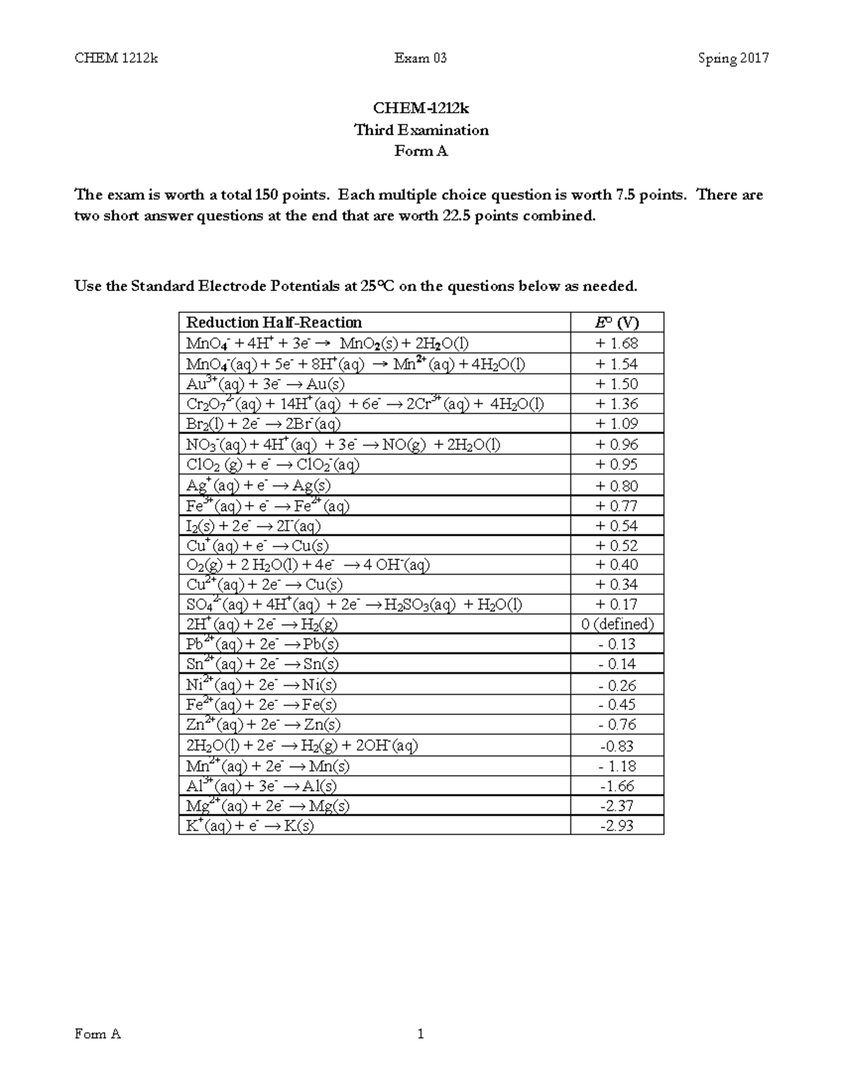 CHEM 1212k 2017 02 Exam 3A KEY - The exam is worth a total 150 points ...