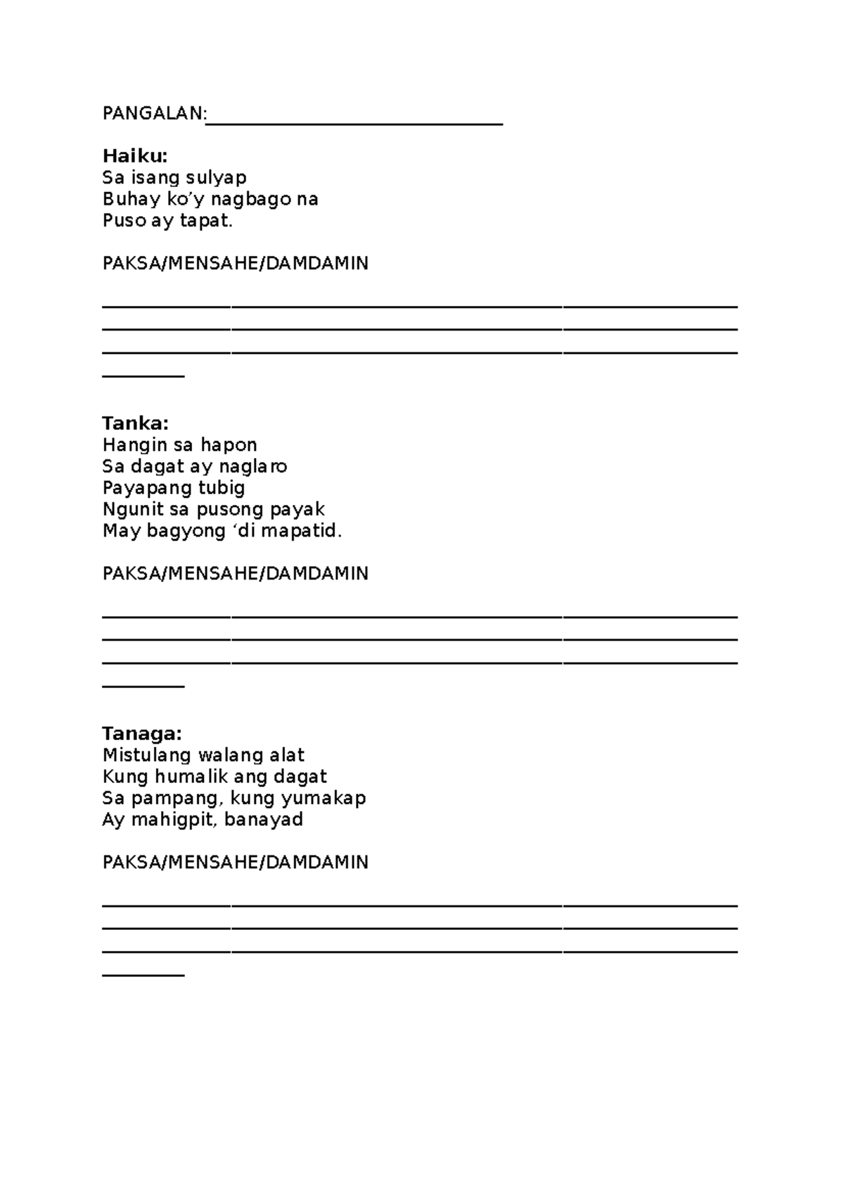 Tanka, haiku, tanaga - sample - PANGALAN: Haiku: Sa isang sulyap Buhay ...