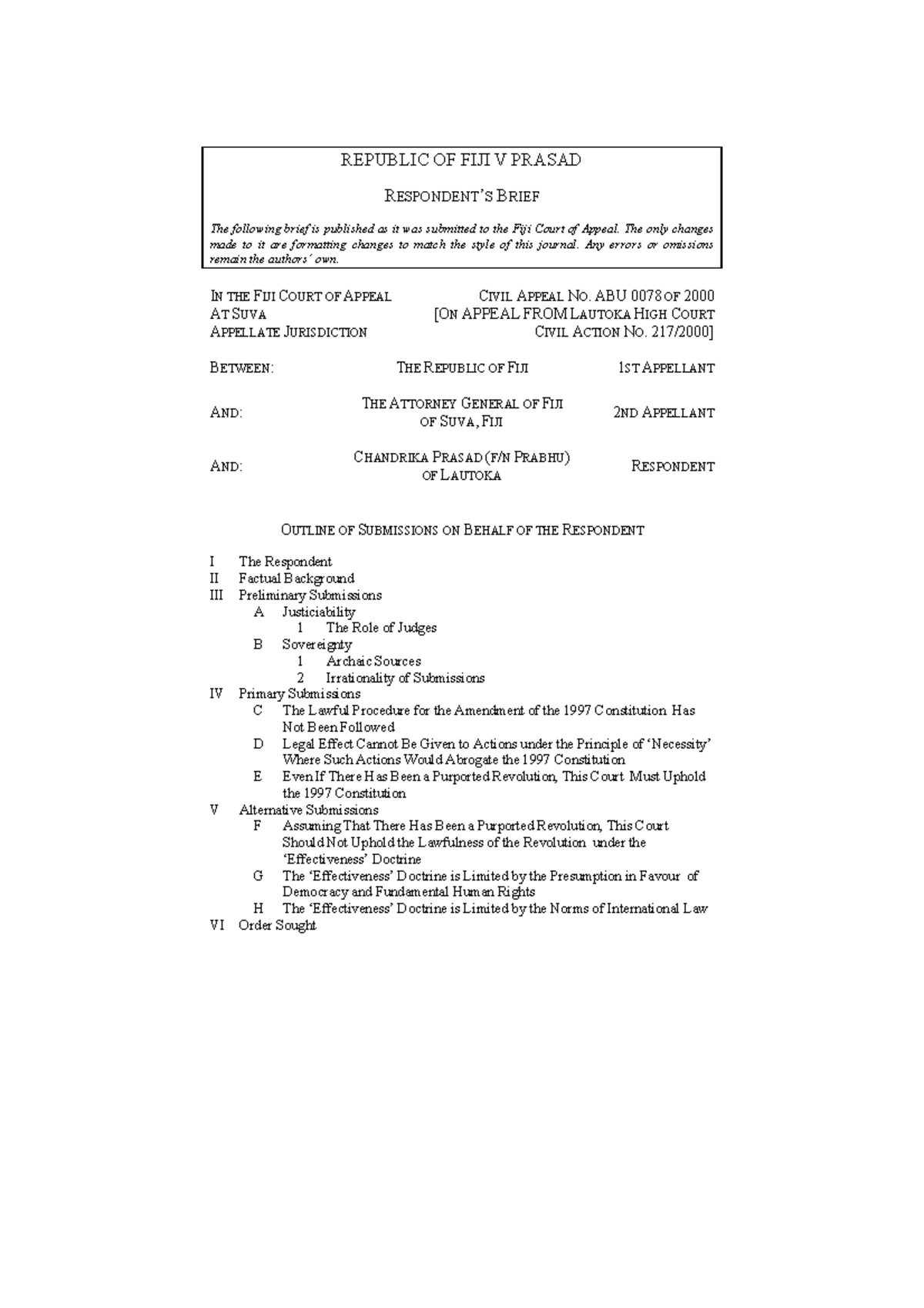 AG V Chandrika Prasad - REPUBLIC OF FIJI V PRASAD RESPONDENT ’ S BRIEF ...
