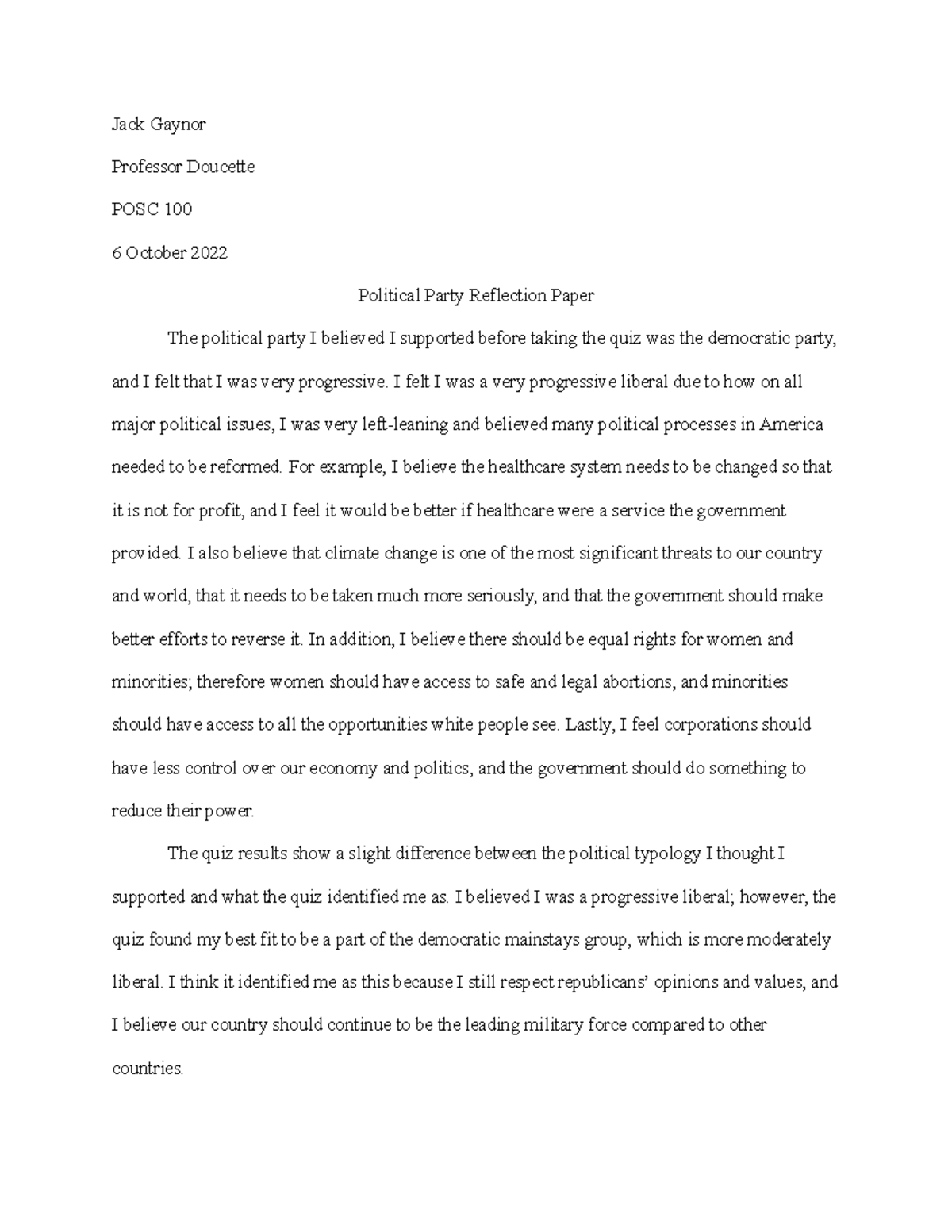 Political party reflection paper - Jack Gaynor Professor Doucette POSC ...