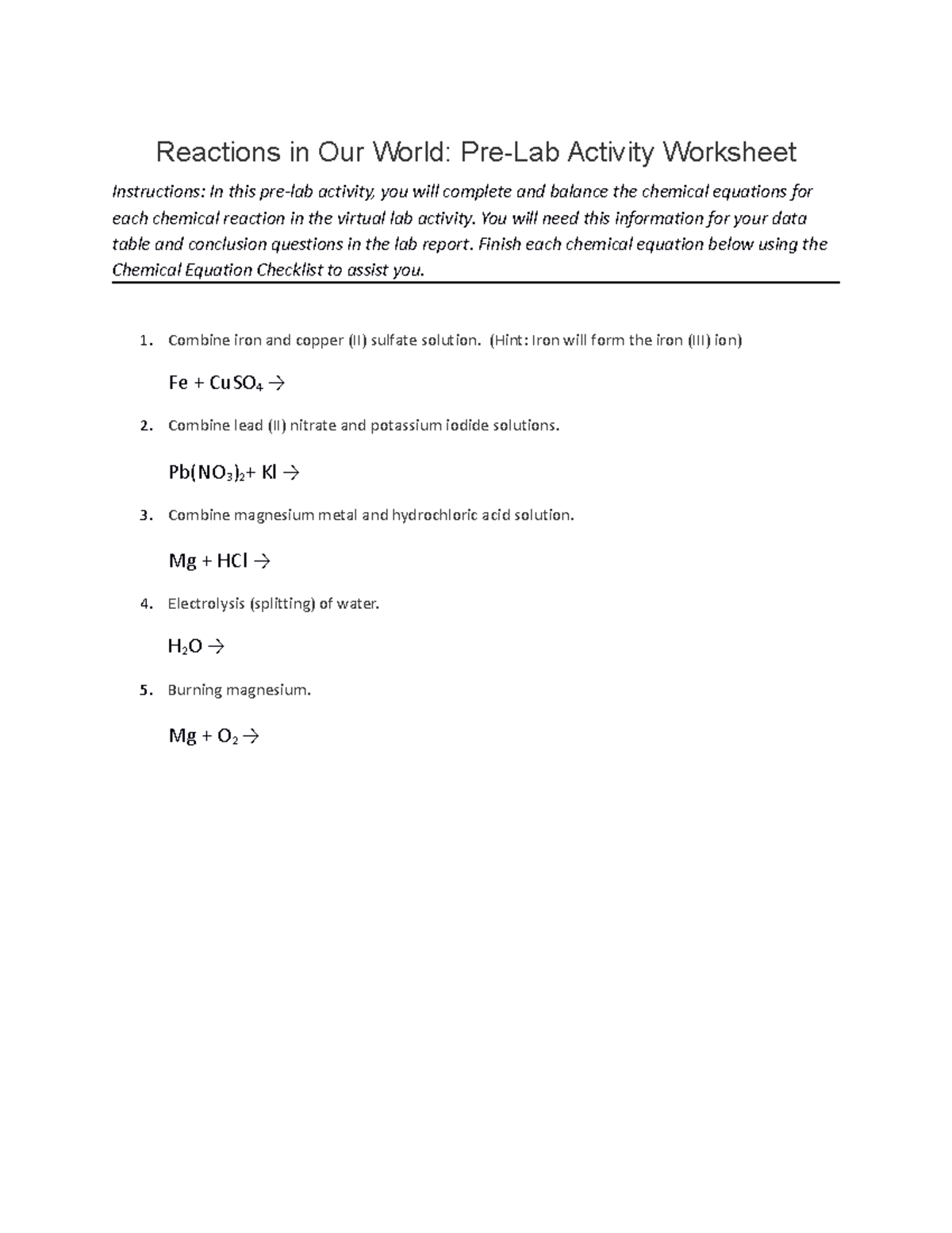 Reactions prelab worksheet - Reactions in Our World: Pre-Lab Activity ...