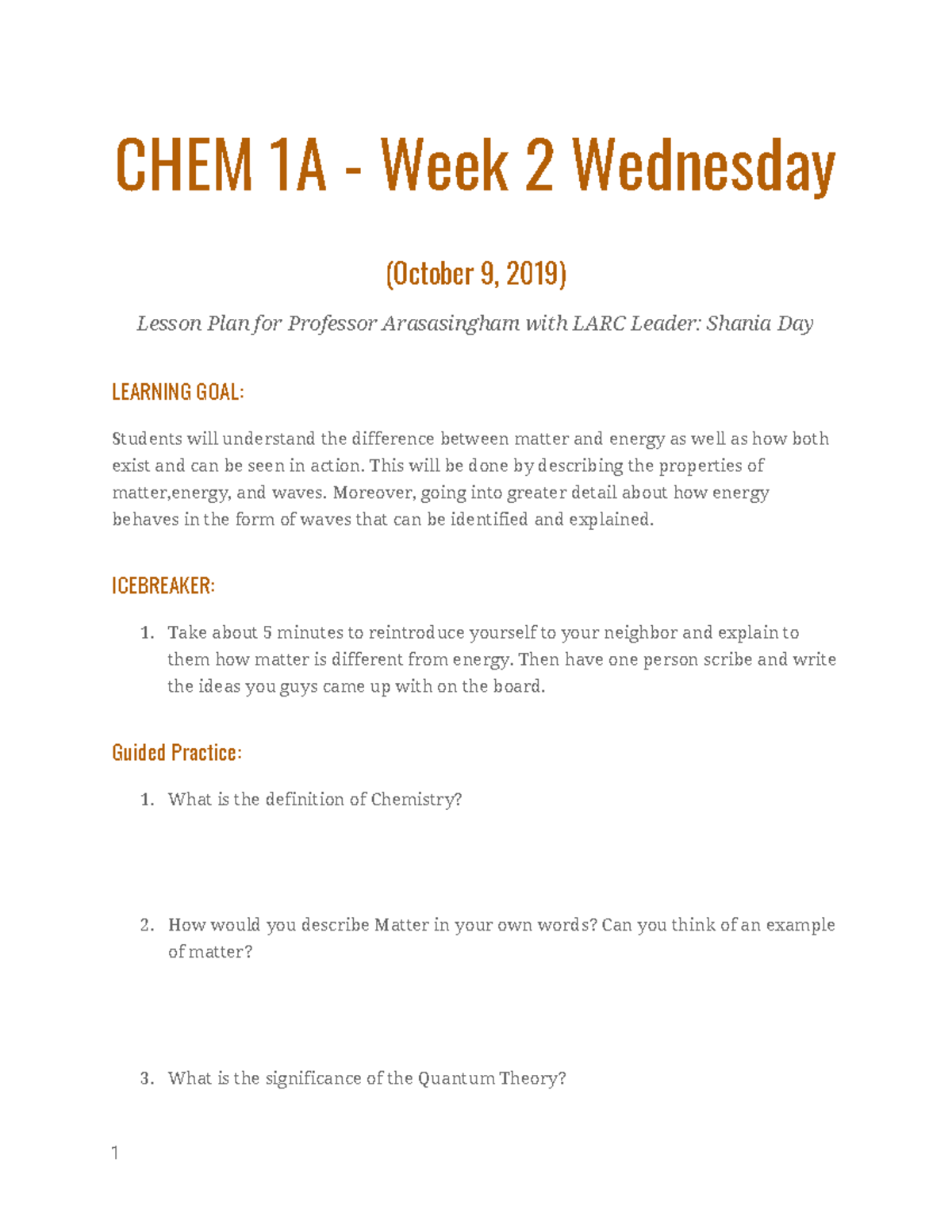 Lesson Plan 2 wednesday october 9 - CHEM 1A - Week 2 Wednesday (October ...