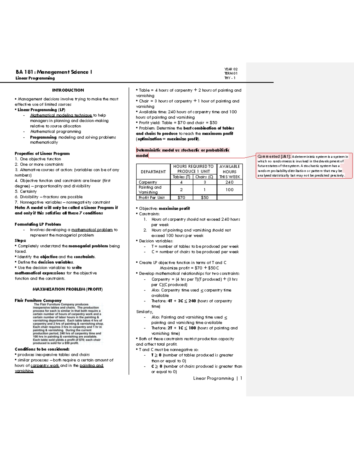 Linear Programming - TERM 01 THY - 1 BA 181: Management Science I ...