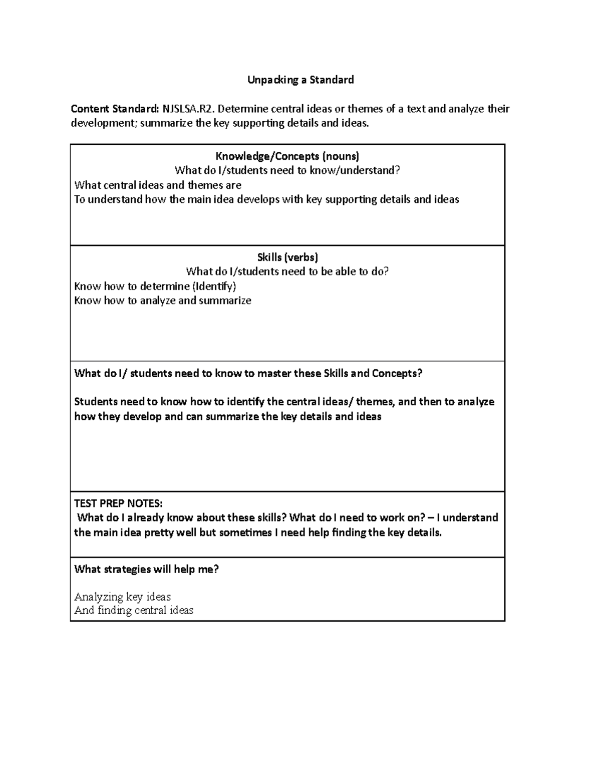 Toolkit L - Unpacking a Standard Content Standard: NJSLSA. Determine ...