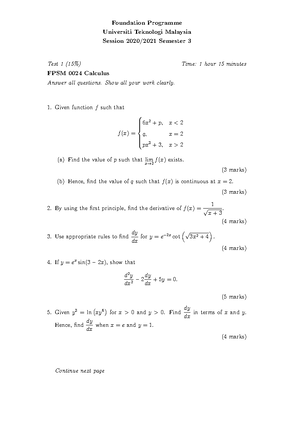 Final Exam Calculus 2019 2020 Sem 3 - QUESTION 1 (12 MARKS) a) Function f is given by f (x ...