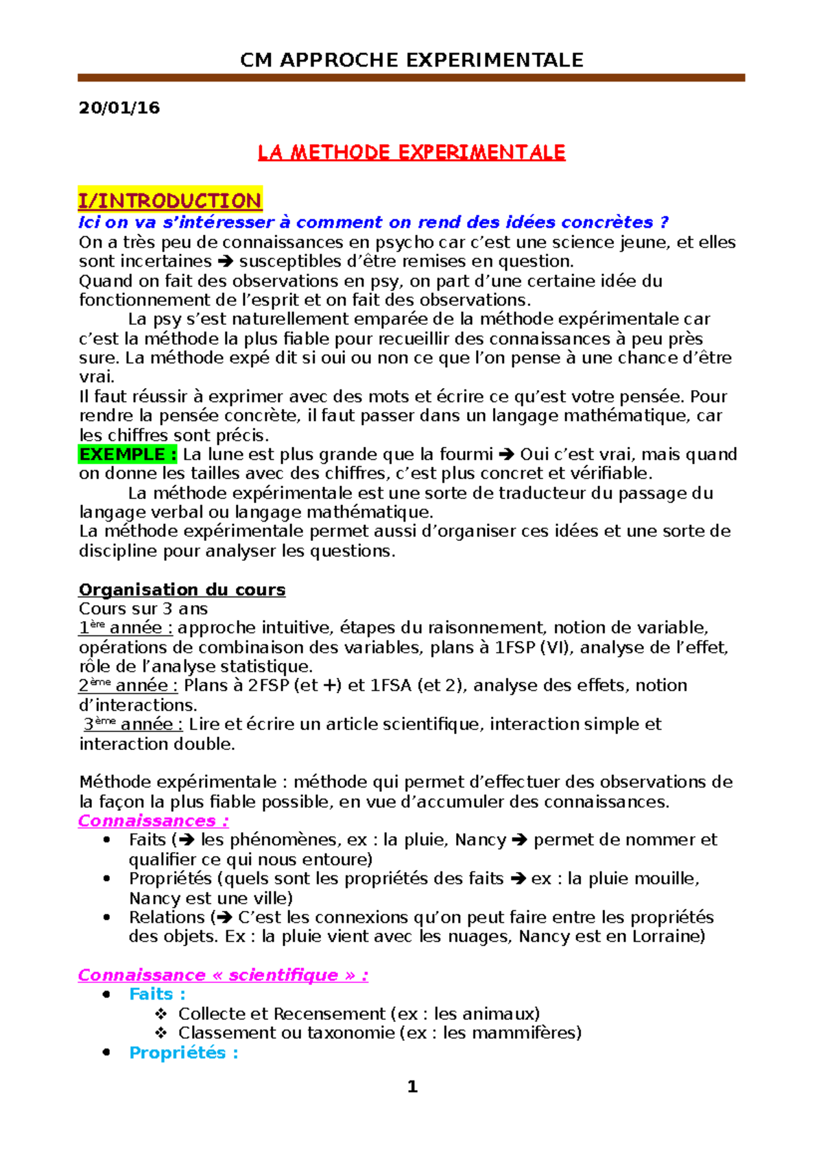 CM Approche EXPE - 20/01/ LA METHODE EXPERIMENTALE I/INTRODUCTION Ici on va s’intéresser à ...