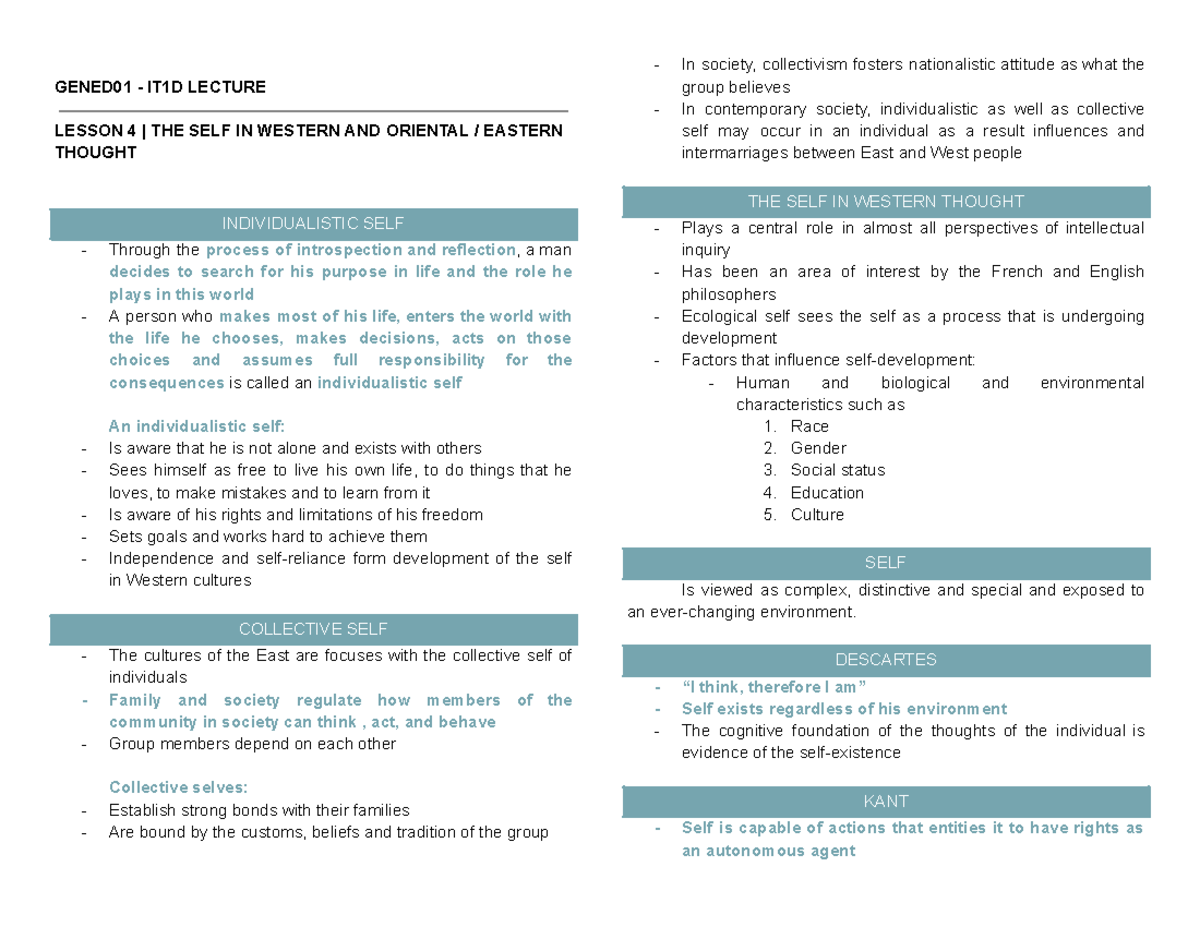 The Self in Western and Oriental Eastern Thought - GENED01 - IT1D ...