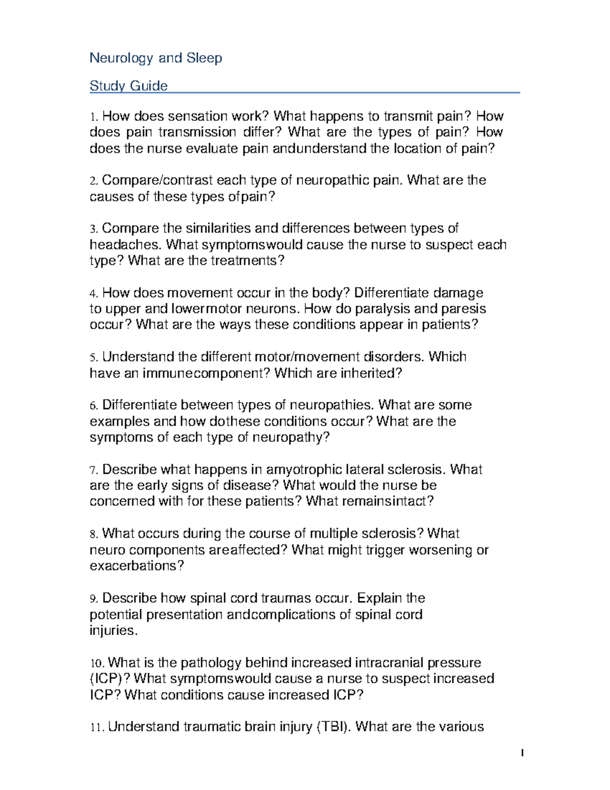 N338 Neurology and Sleep Study Guide - 1 Neurology and Sleep Study ...