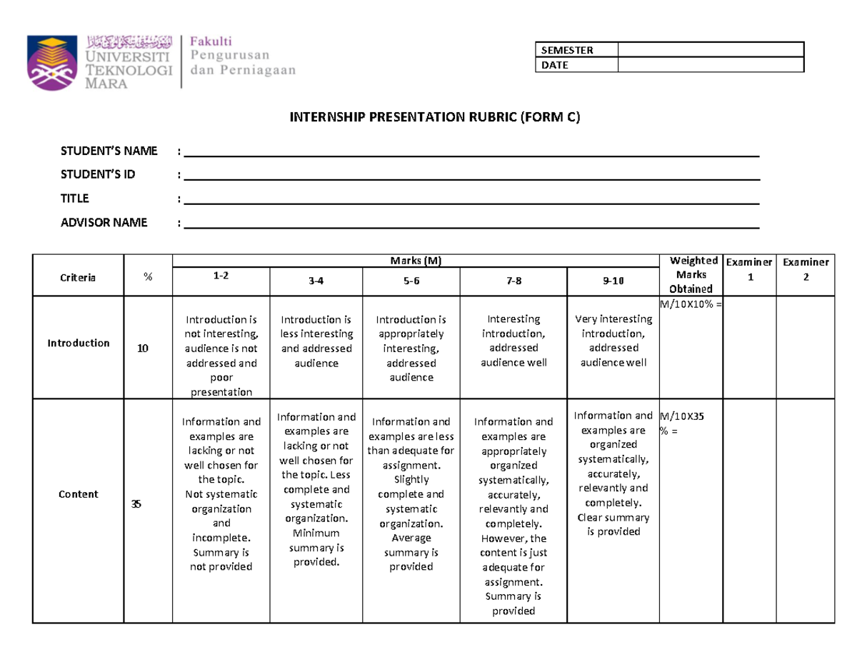 4 FORM C Rubric Presentation - INTERNSHIP PRESENTATION RUBRIC (FORM C ...