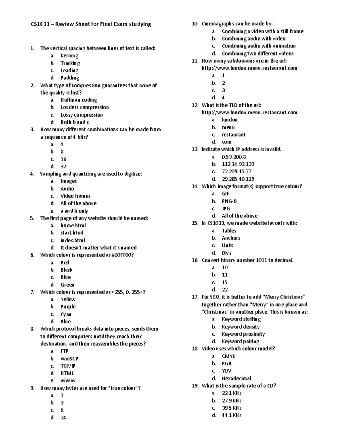 CS1033 Final Exam Review Sheet - CS1033 – Review Sheet for Final Exam ...