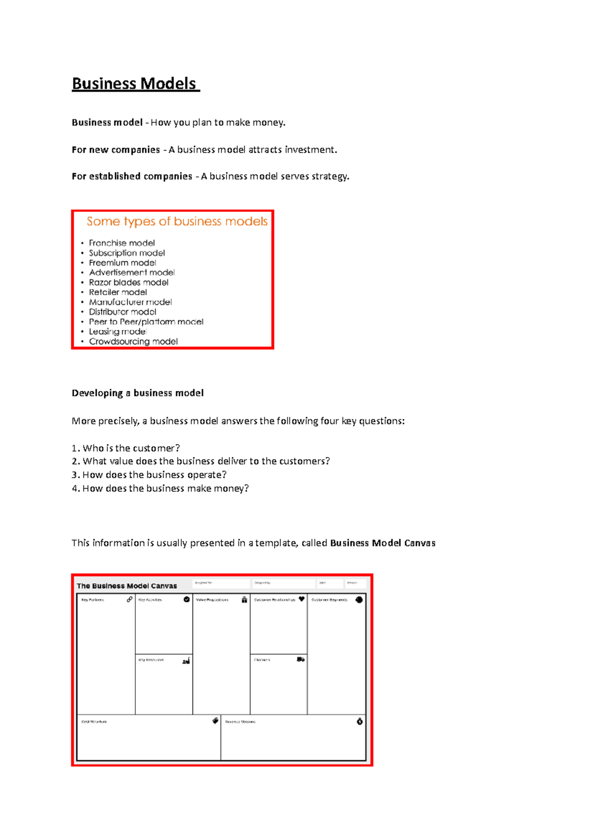Business Models - notes - Business Models Business model - How you plan ...