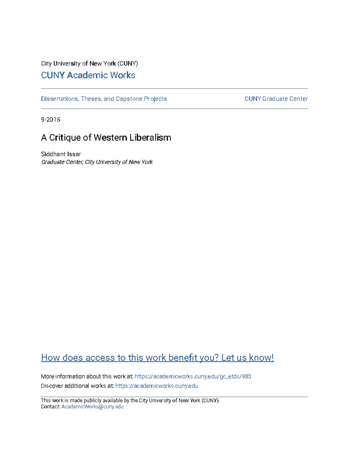 A Critique of Western Liberalism - City University of New York (CUNY ...