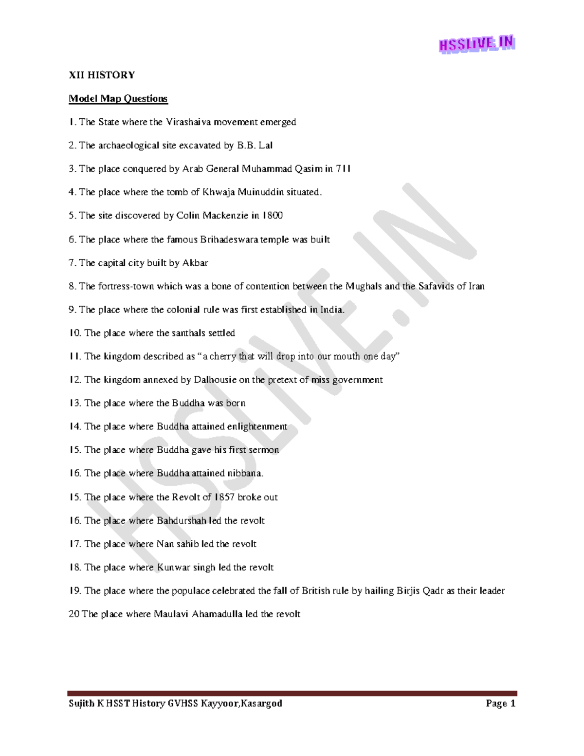 XII History Map model Questuions hsslive - Sujith K HSST History GVHSS ...