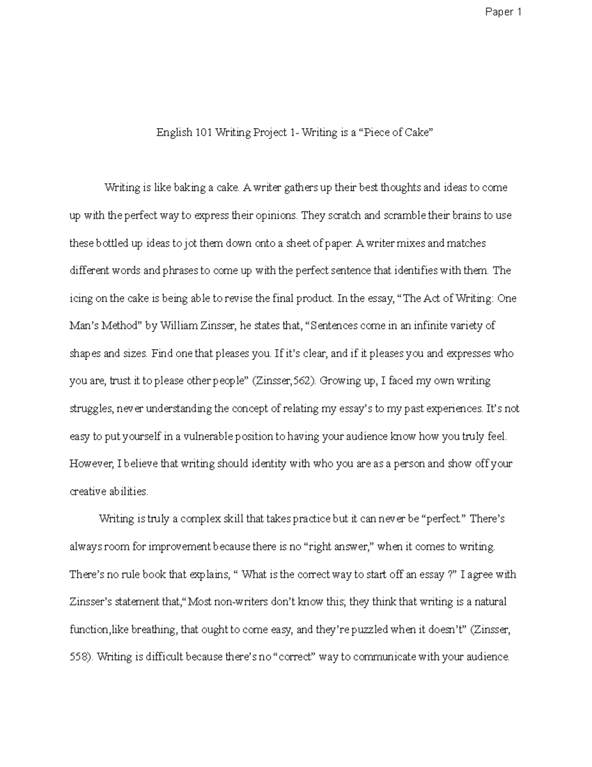 English 101- Writing Project 1 Revised - Studocu