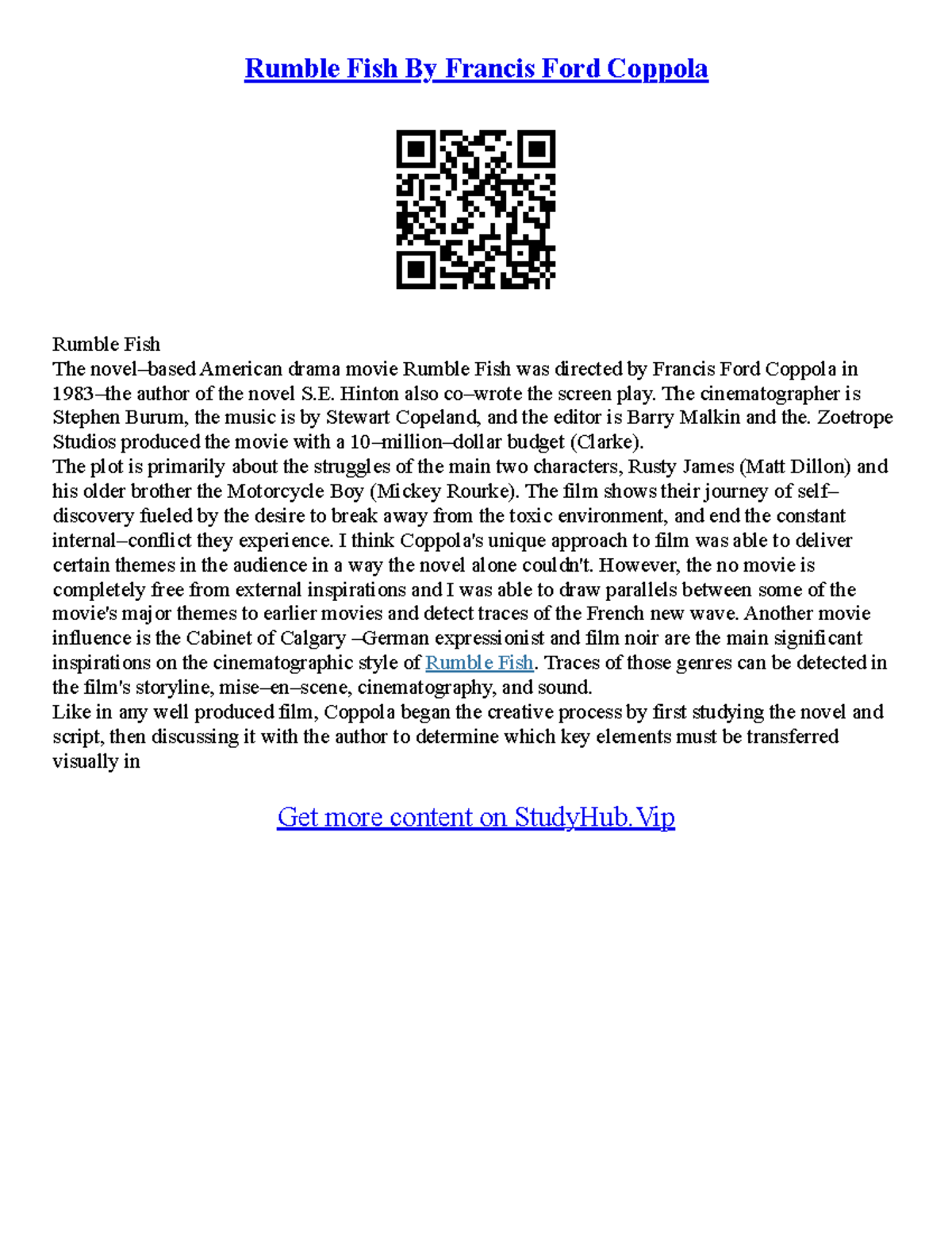 Rumble Fish Essay - Rumble Fish By Francis Ford Coppola Rumble Fish The ...