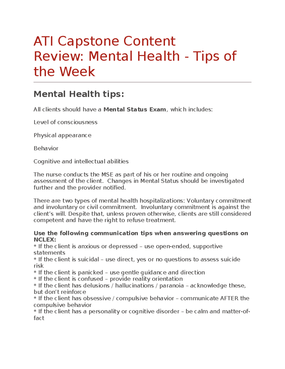 Mental Health - Tips of the Week - ATI Capstone Content Review: Mental ...