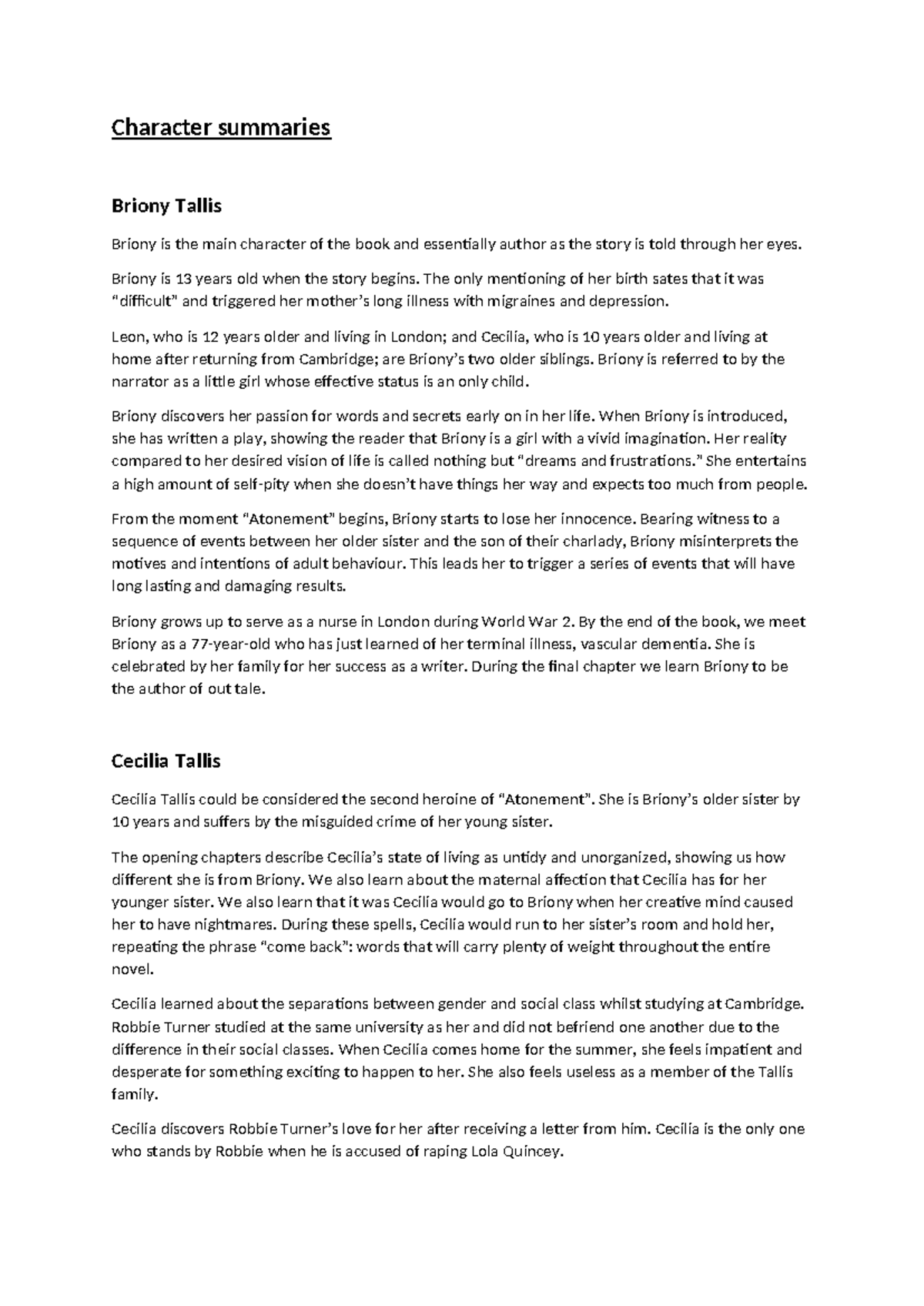 Character summaries - english a level atonement notes - Character ...